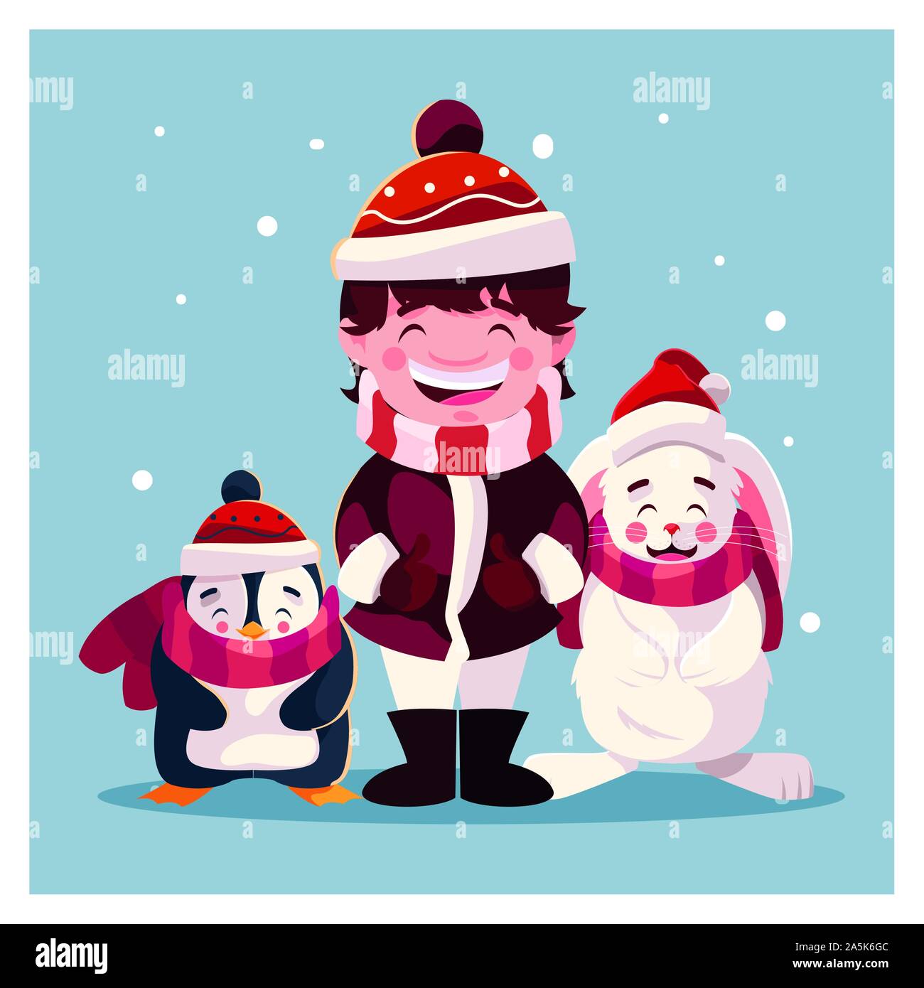boy with penguin and rabbit in winter landscape vector illustration ...