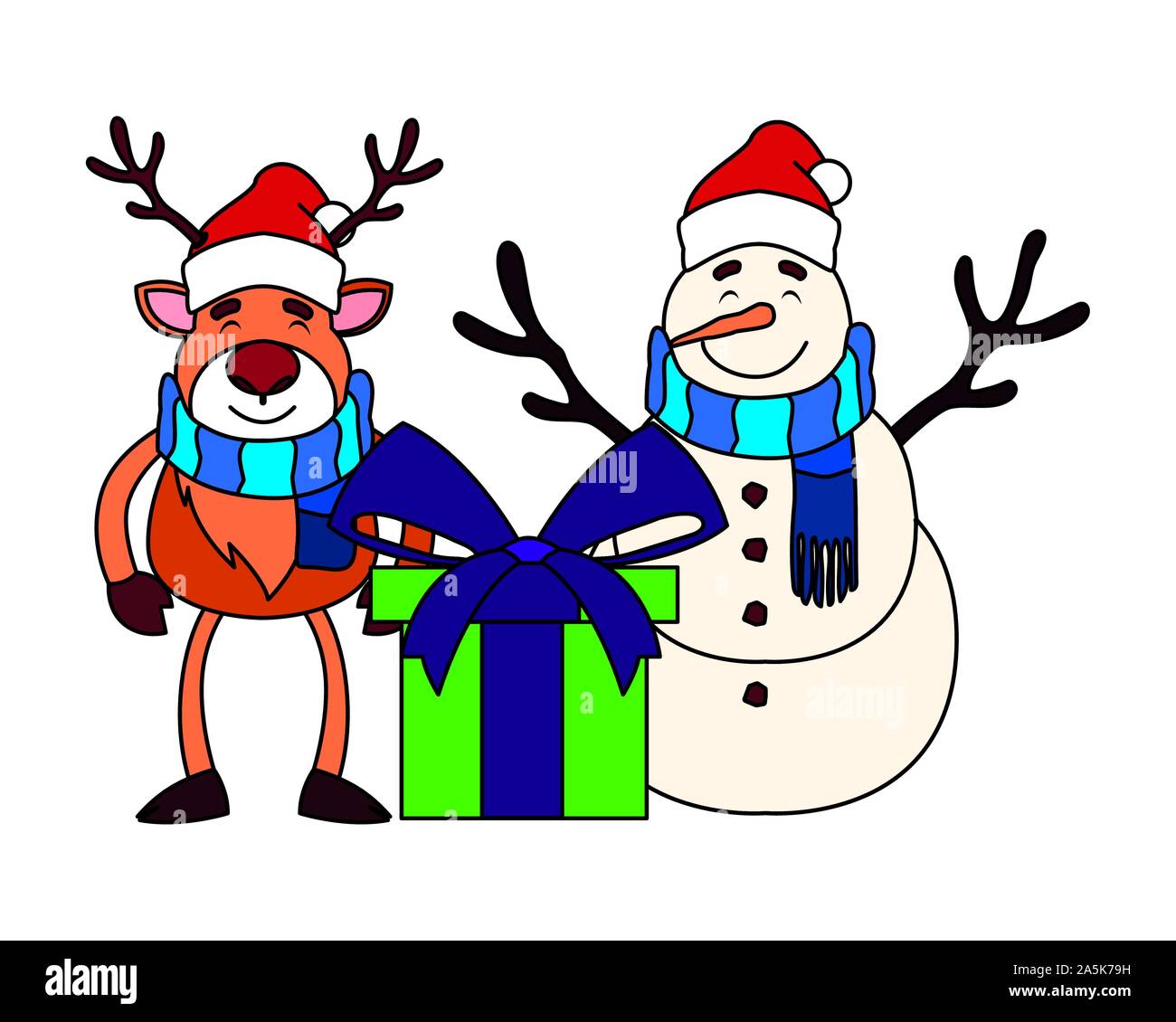 snowman and reindeer with gift box on white background vector ...