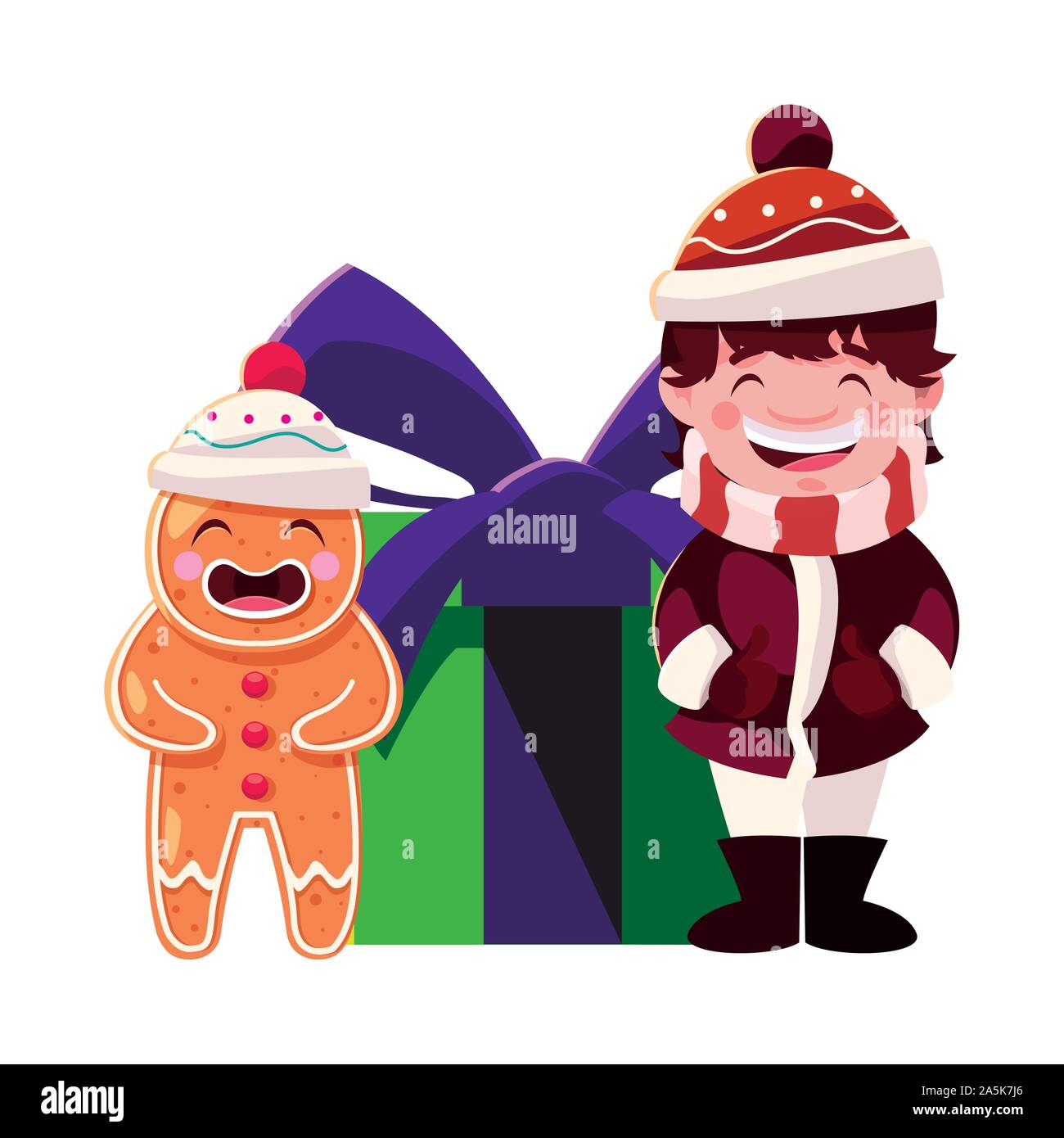 boy and gingerbread man with gift box in white background vector ...