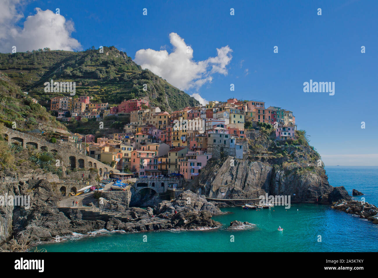 Panoramic view of Vernazza, one of the five towns of Cinque Terre, in ...
