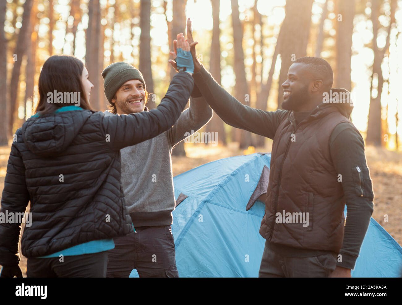 Cheerful friends gathering hands together over camping tent Stock Photo ...