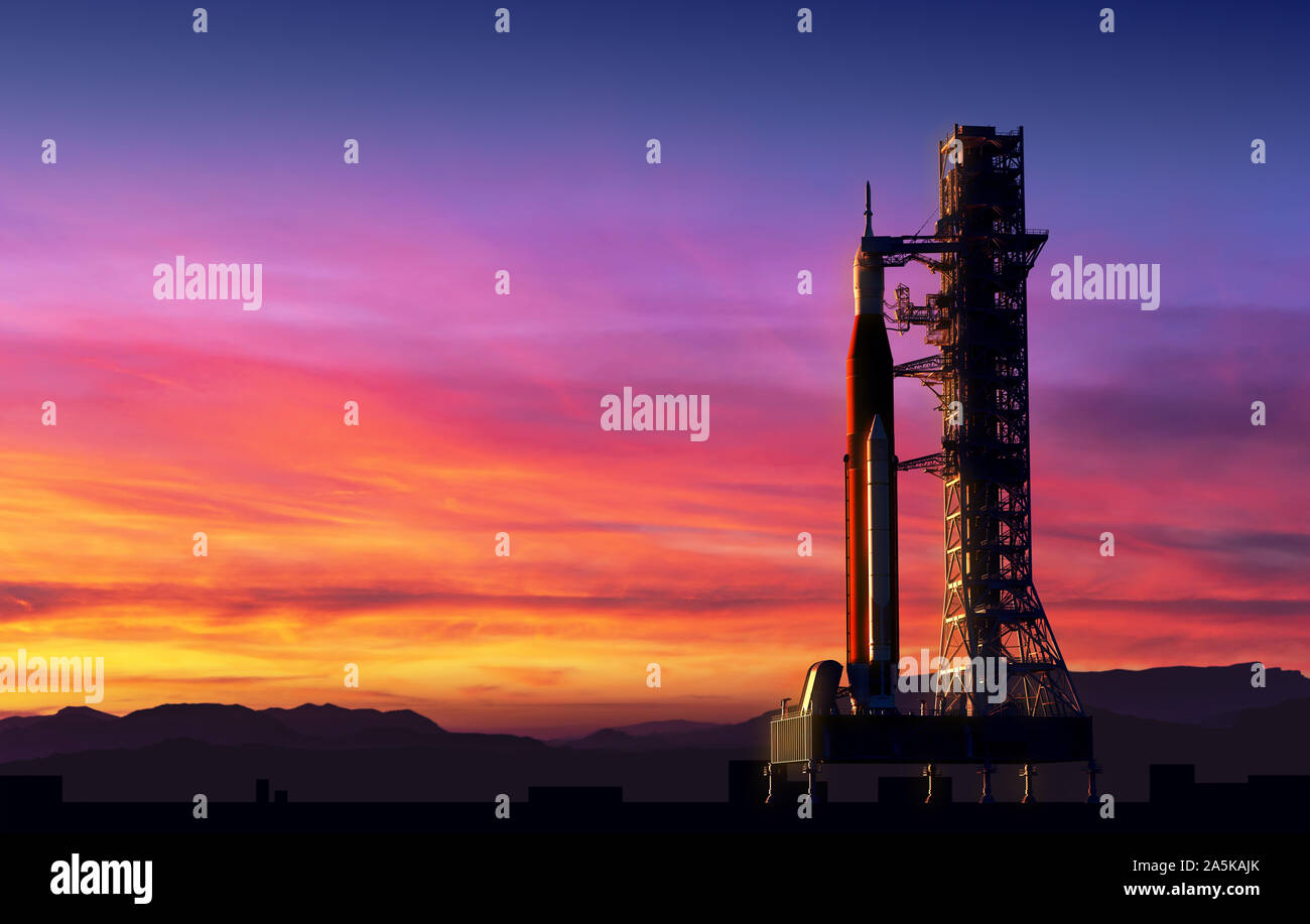 Space Launch System On Launchpad Over Background Of Pink Clouds. 3D ...