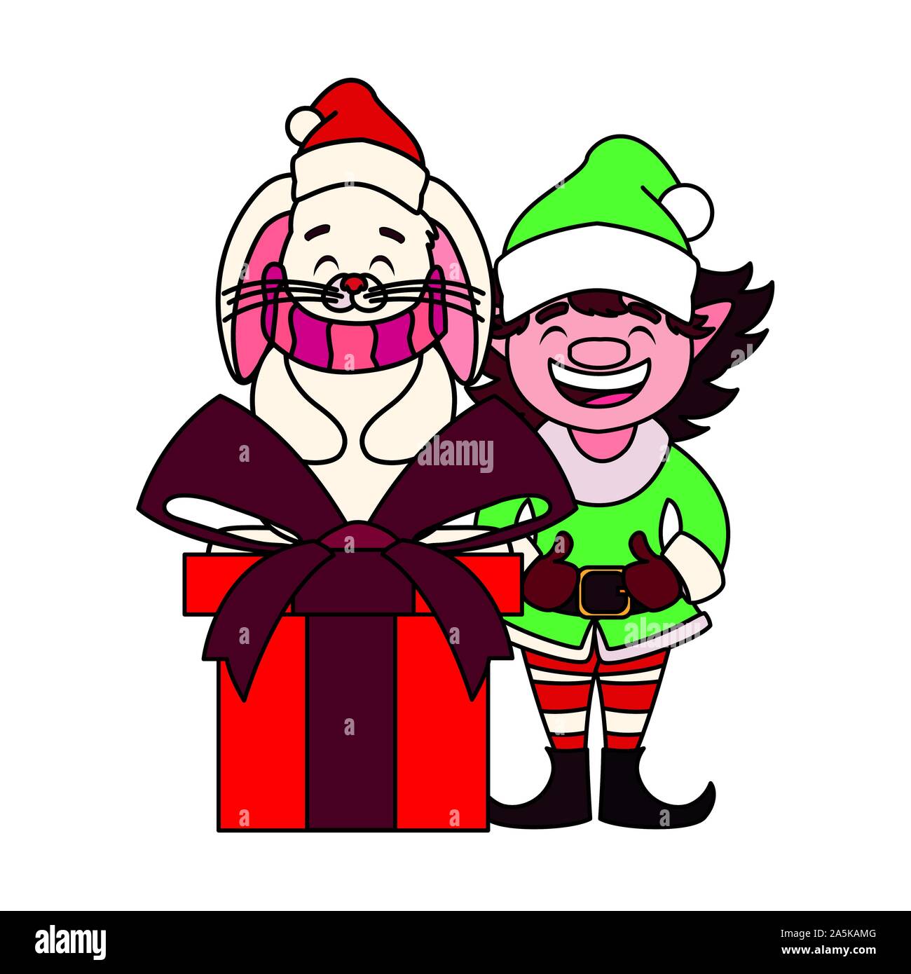 rabbit and elf with gift box in white background vector illustration ...