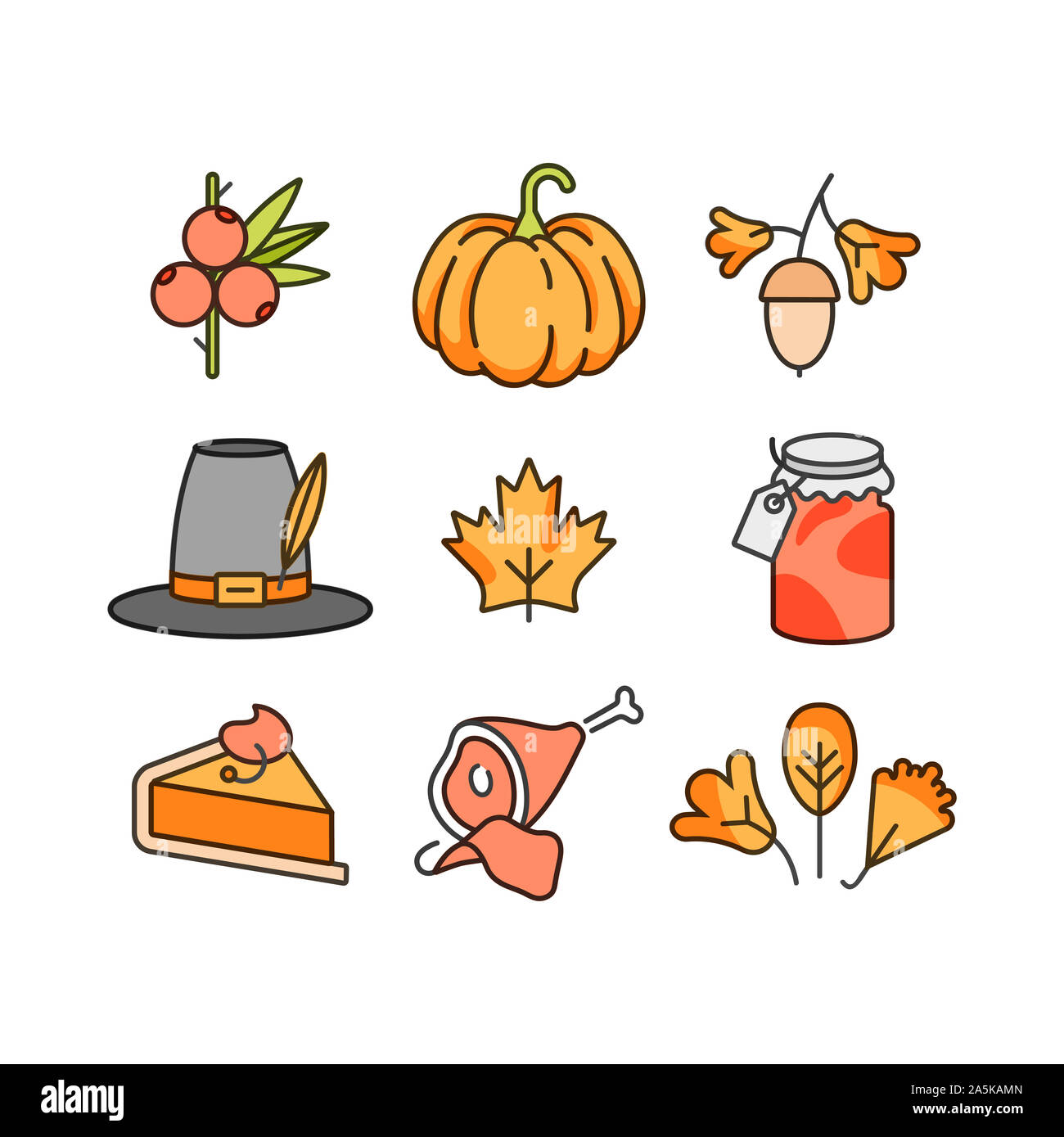 Vector linear design Thanksgiving day. Icons and signs for autumn ...