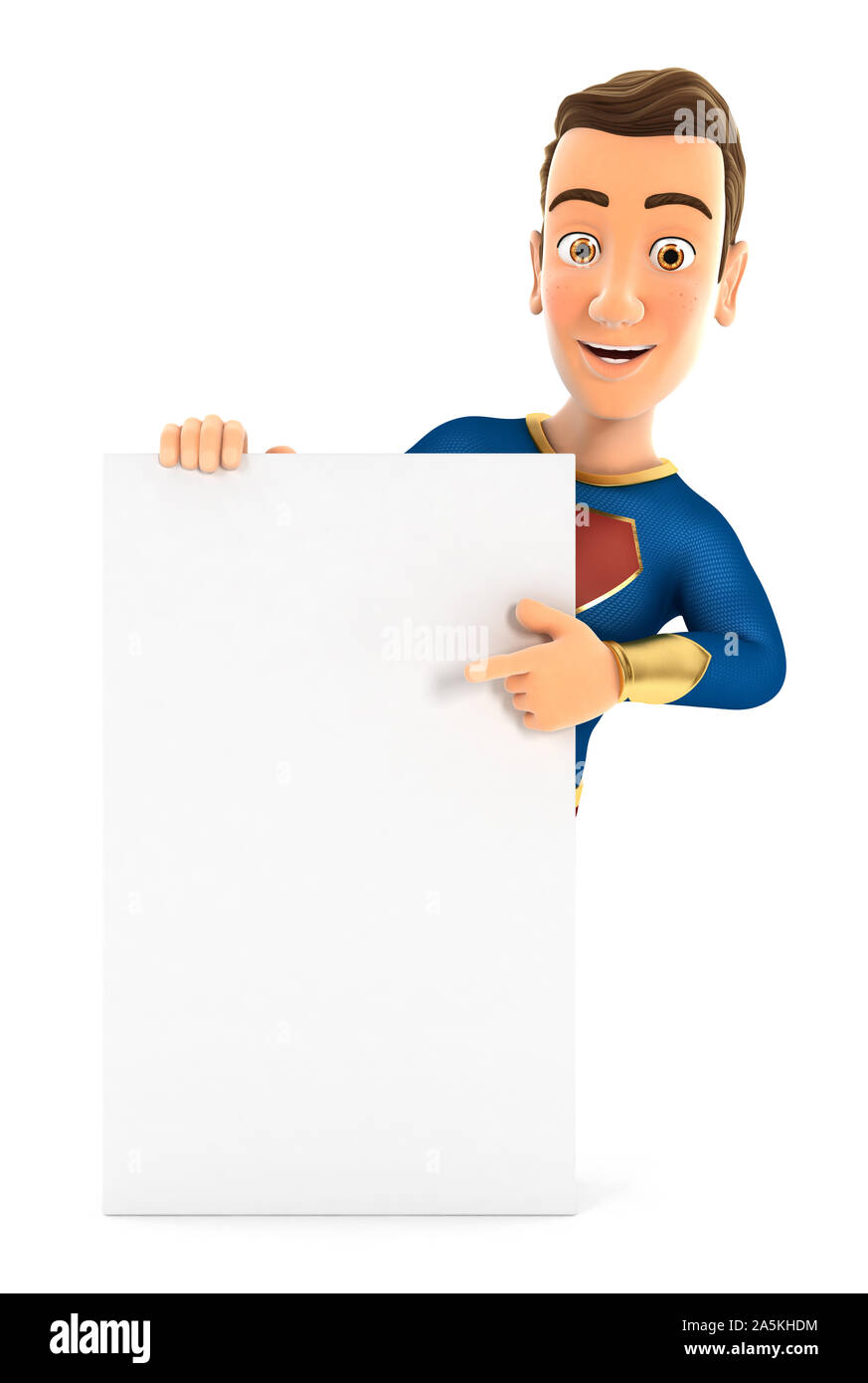 3d superhero pointing to vertical board, illustration with isolated ...