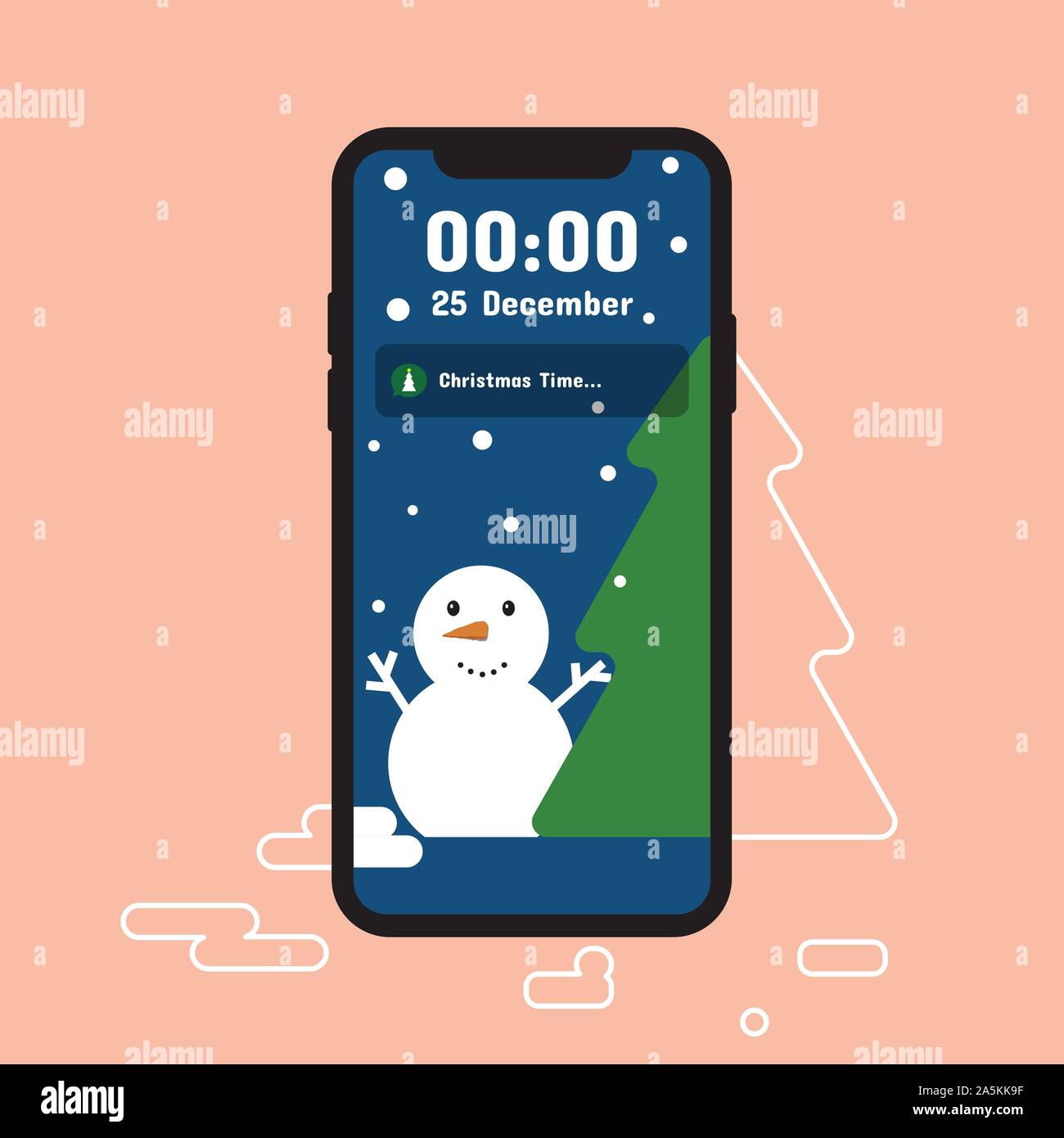 Snowman with Christmas tree in smartphone display in Christmas day ...