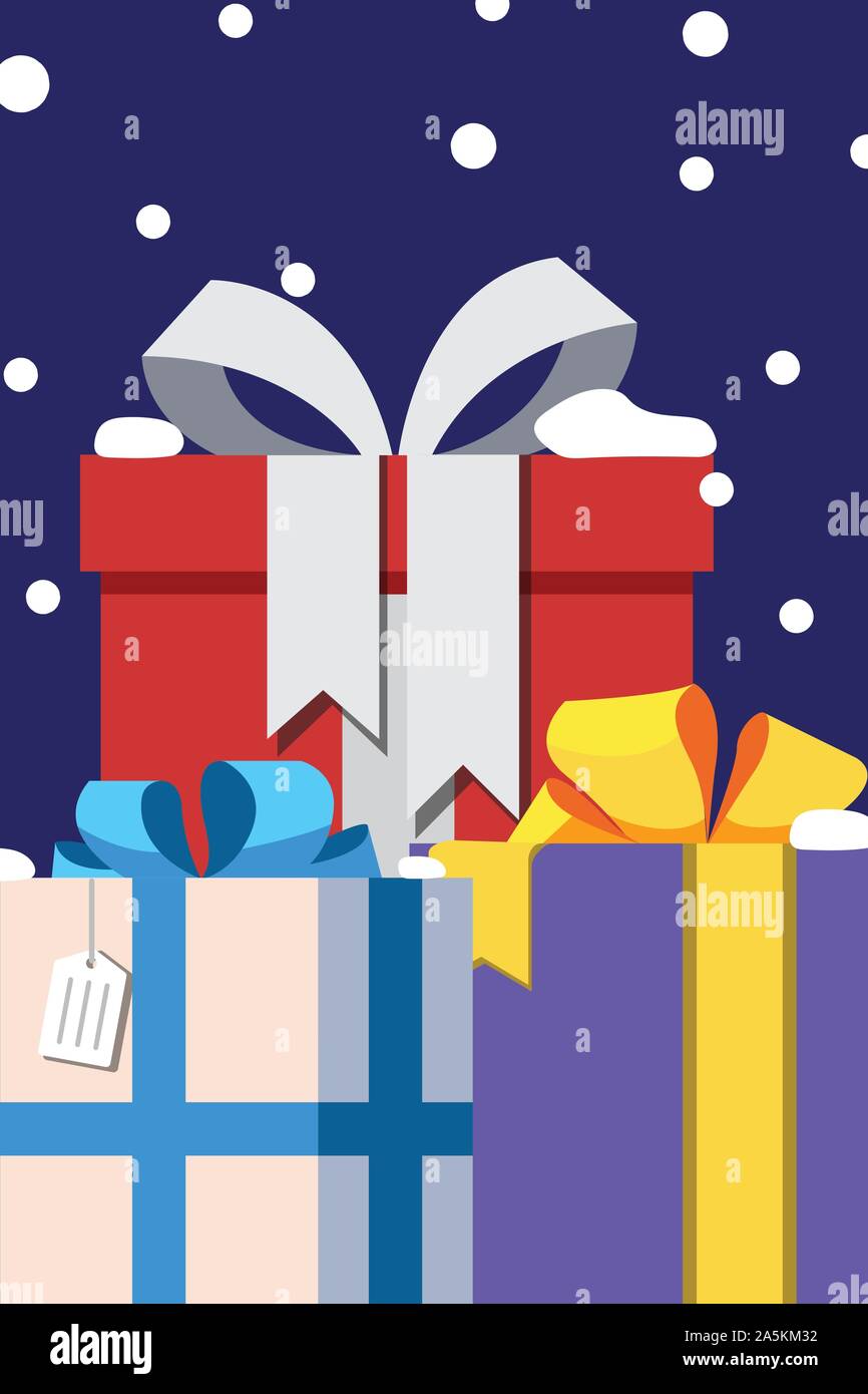 Close up of Presents with snow falling - design for greeting card and ...