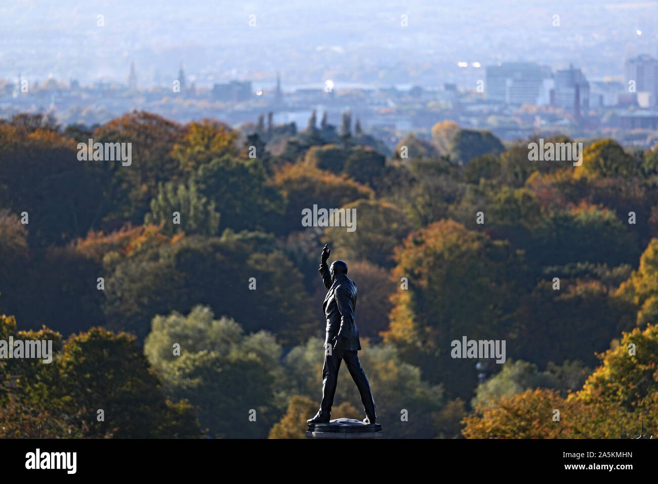A statue of Edward Carson looks out over trees in the grounds of ...