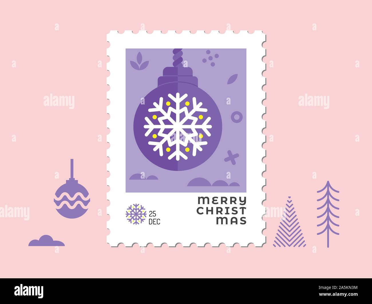 Christmas ornament and ball in violet tone - Christmas stamp flat ...