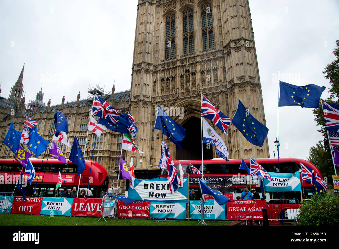 Houses of Parliament October 21st 2019. Flags in front of St Stephen's ...
