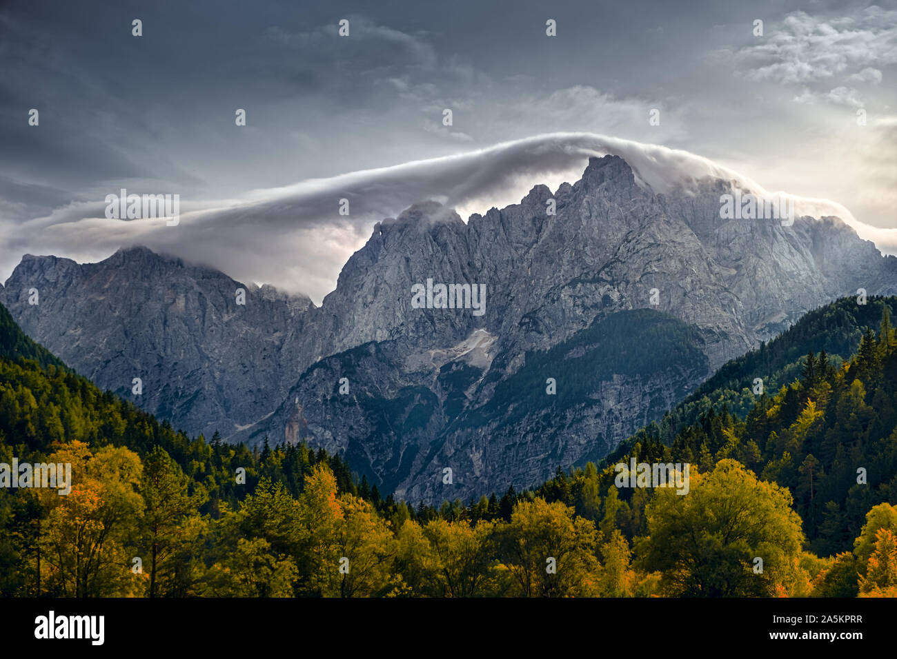 Mountain range landscape view with autumn foliage near Lake Jasna ...