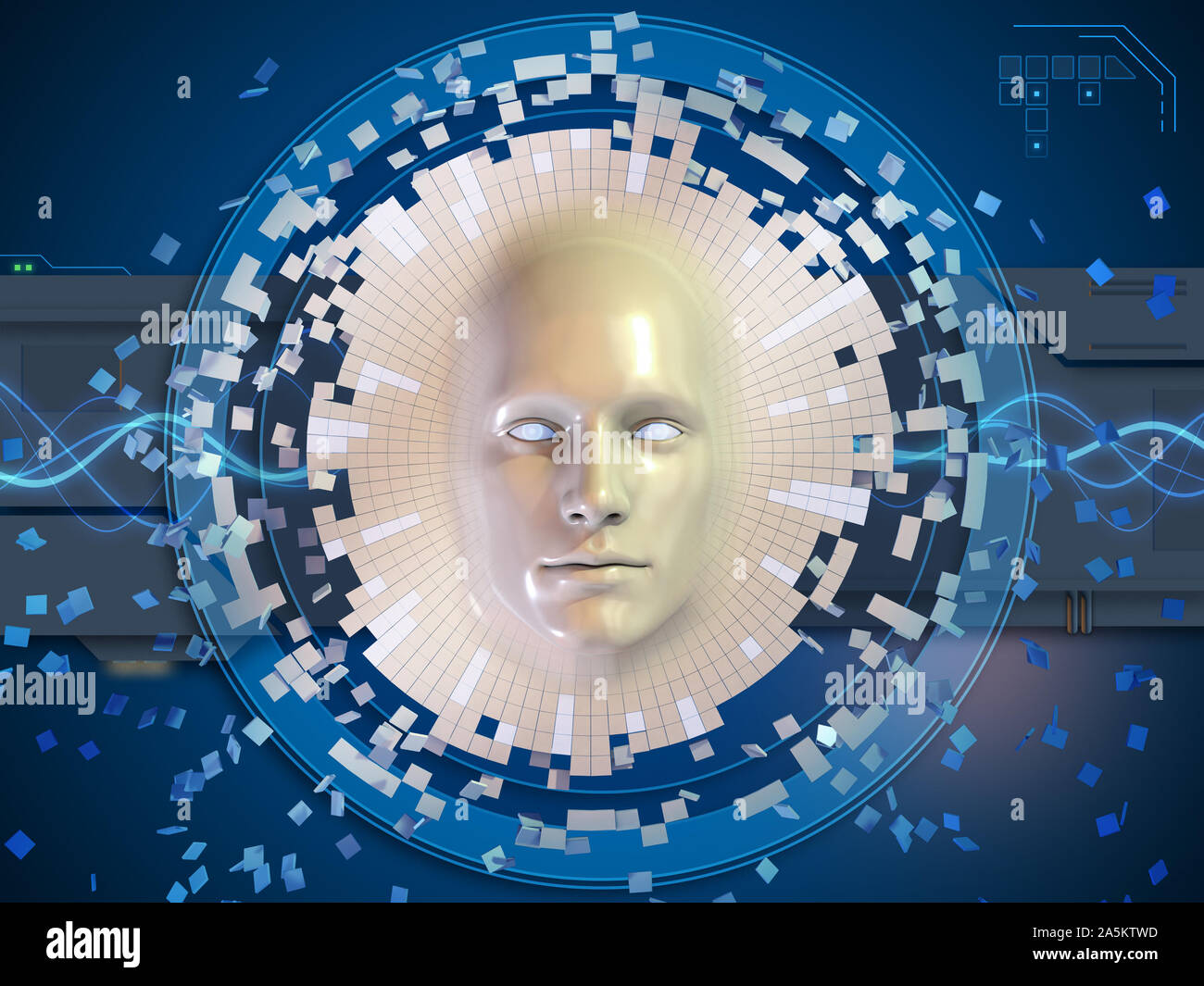 Conceptual image of an head mask dissolving into an high technology ...