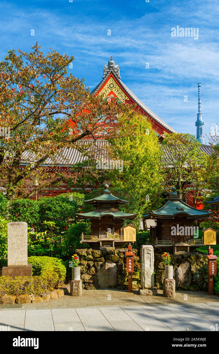 Tradition and Modernity in Japan. Asakusa old temple and shrines below modern Skytree Tower in ...