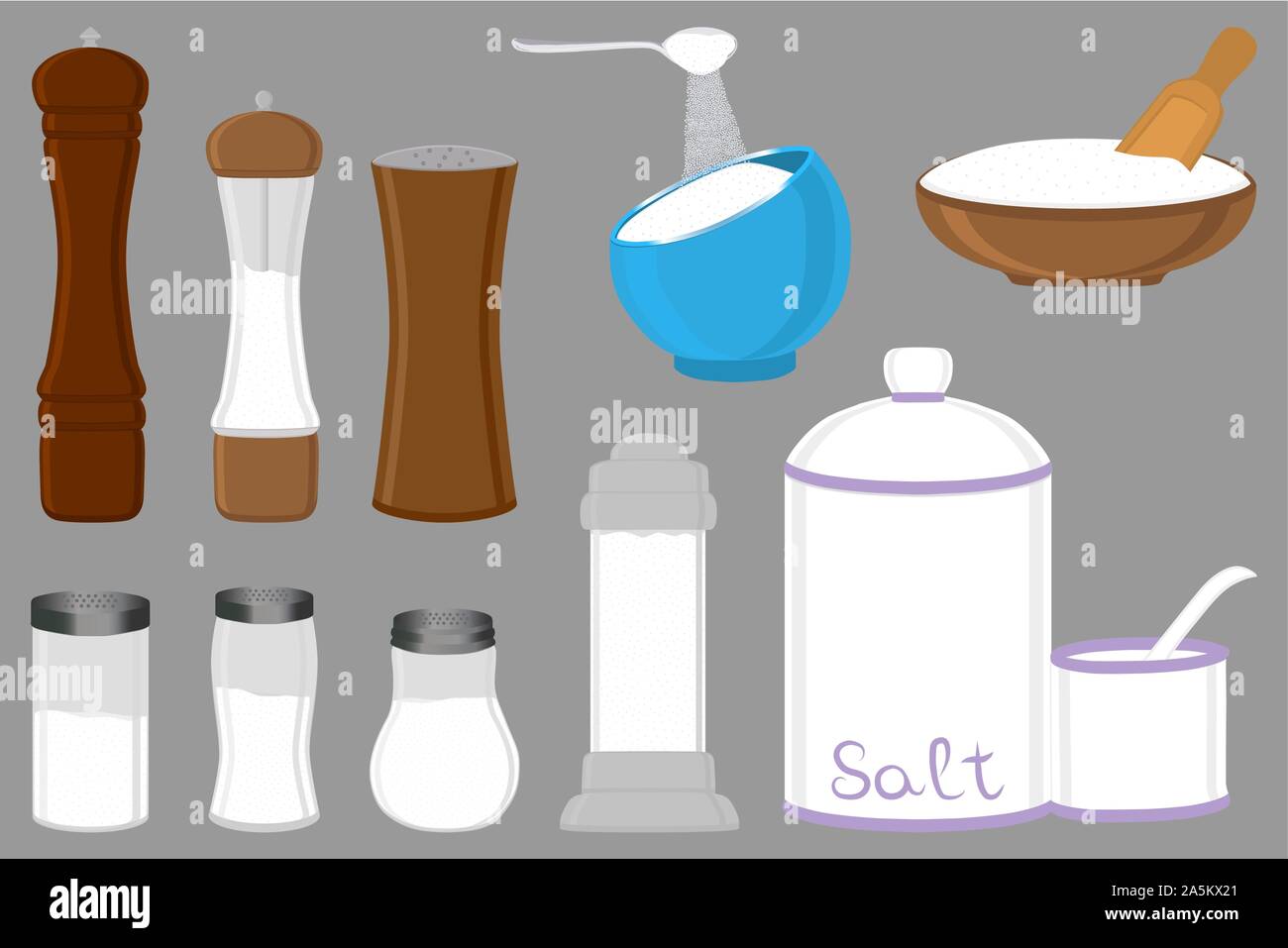 Illustration on theme big set different types shaker filled salty salt ...