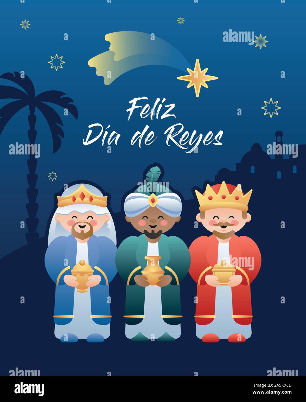 Feliz Dia de Reyes. Happy Day of Kings in Spanish. Cute cartoon ...