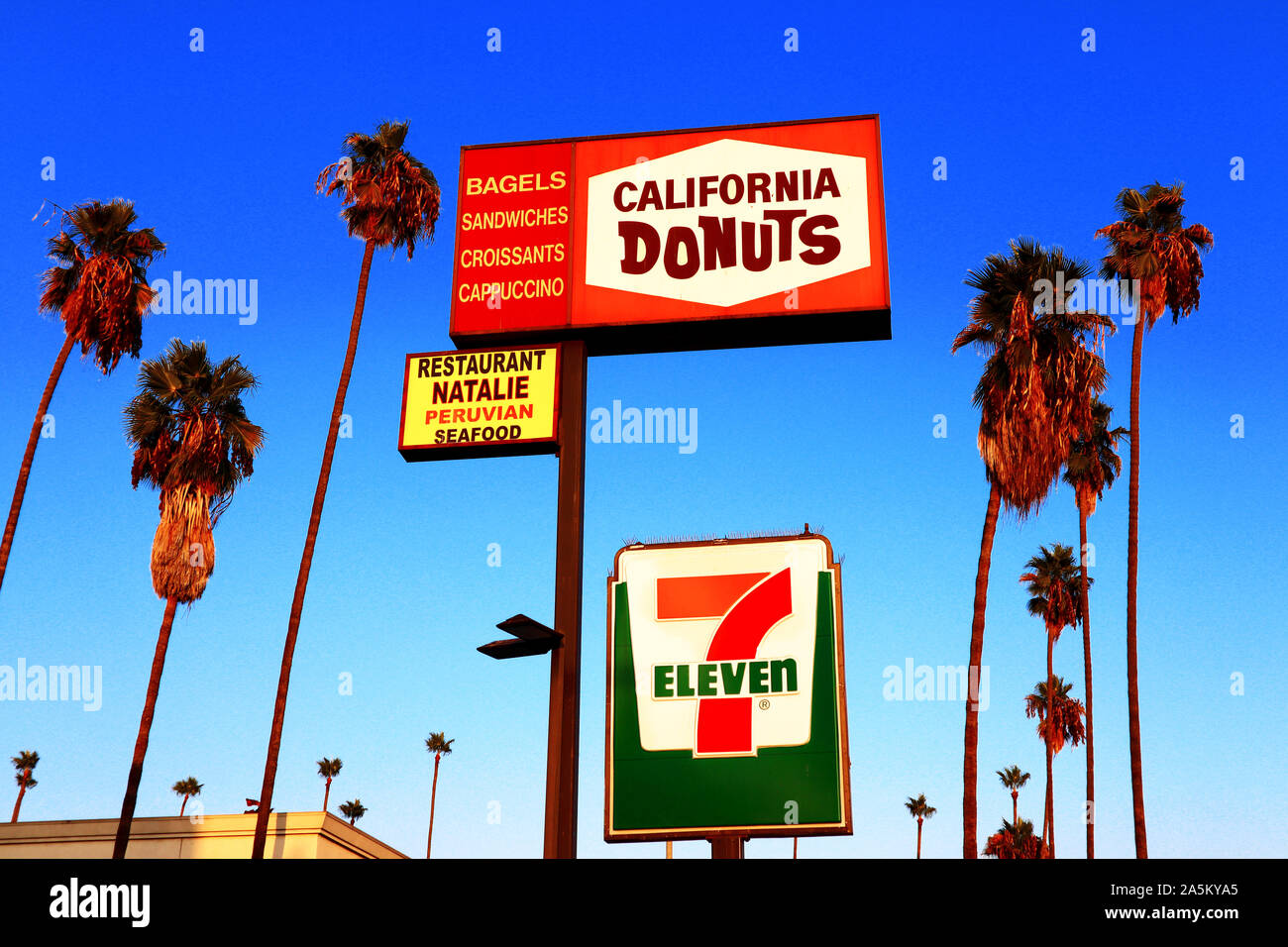 CALIFORNIA DONUTS and 7-ELEVEN Signs on Hollywood Boulevard, Los ...