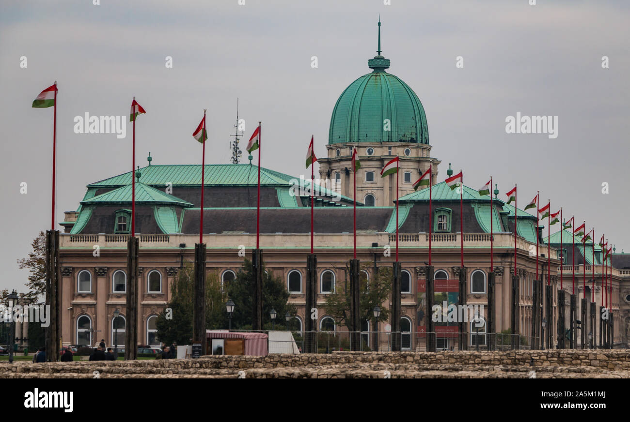 A picture of Buda Castle and the row of Hungarian flags adjacent to it ...