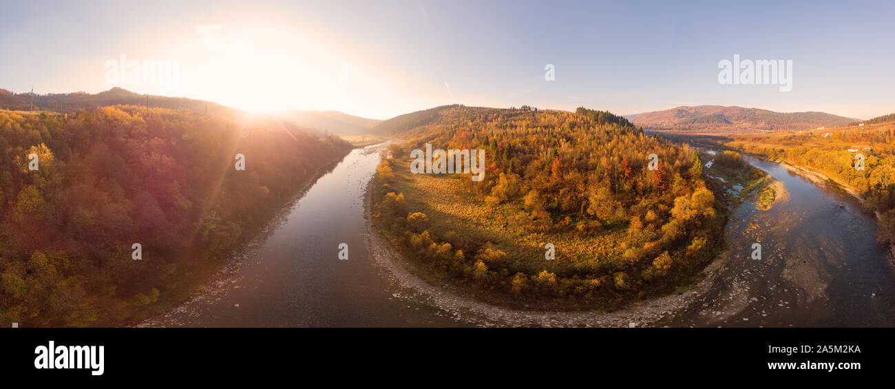 180 degrees panoramic landscape colorful autumn in Carpathians, Eastern ...