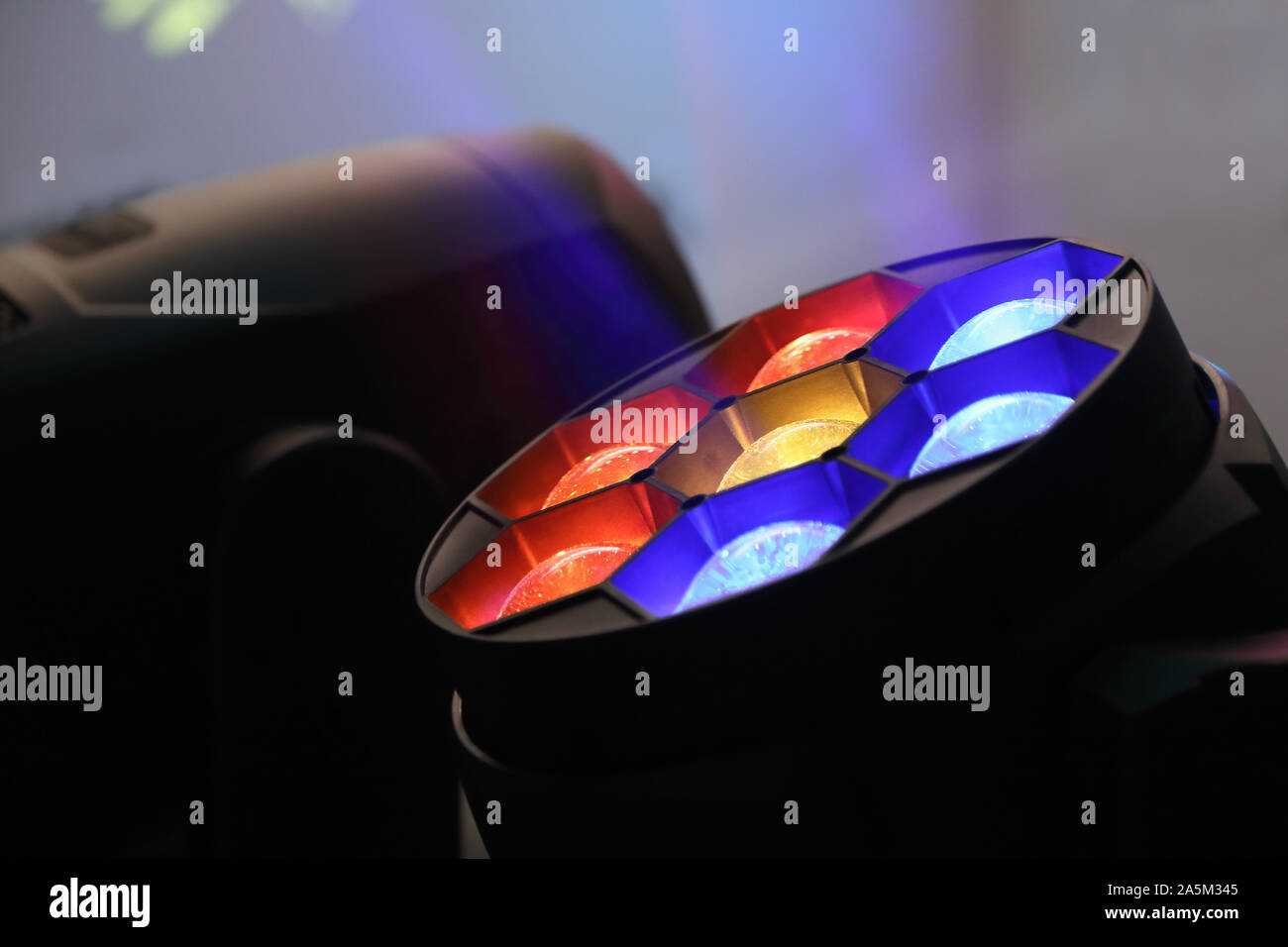 LED multi-beam moving head effect fixtures. Selective focus Stock Photo ...