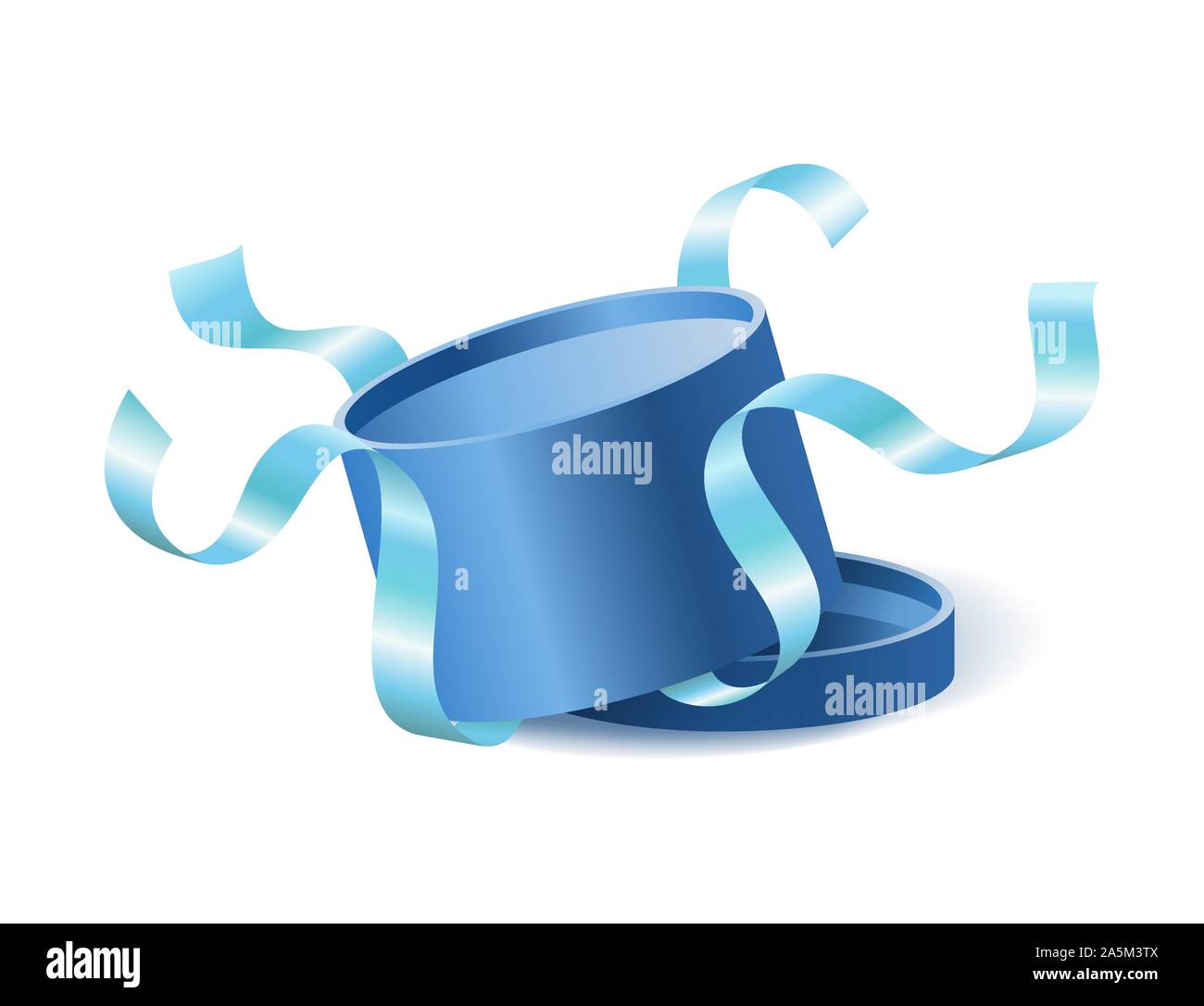 Blue opened 3d realistic round gift box with flying off cover and ...