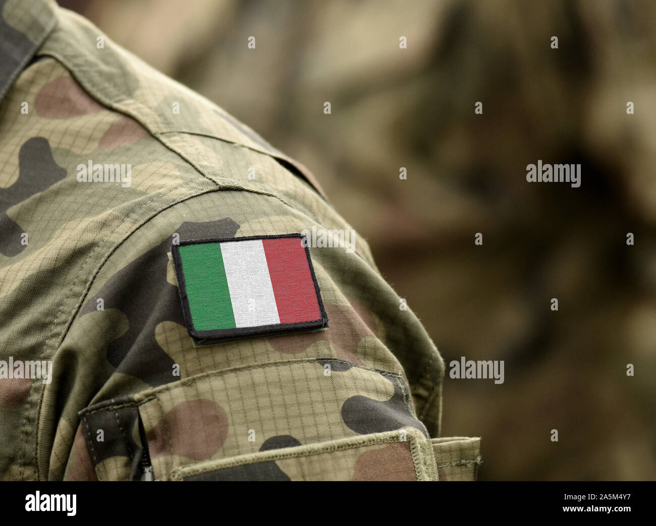 Flag of Italy on military uniform. Army, troops, soldier (collage Stock ...