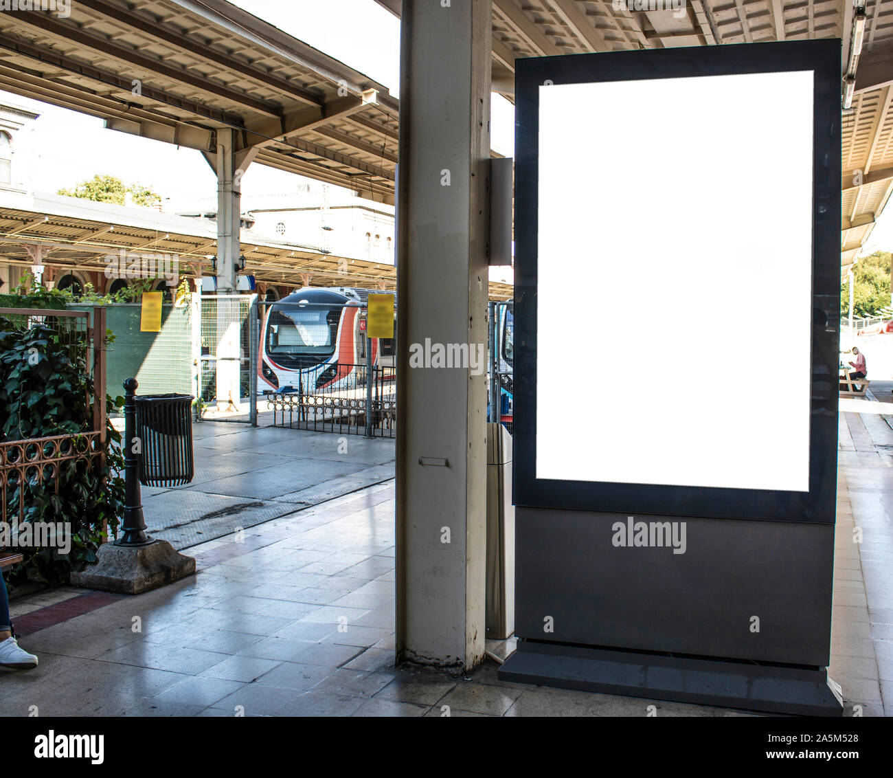 Train station advertising sign close-up. Empty white zone Stock Photo ...