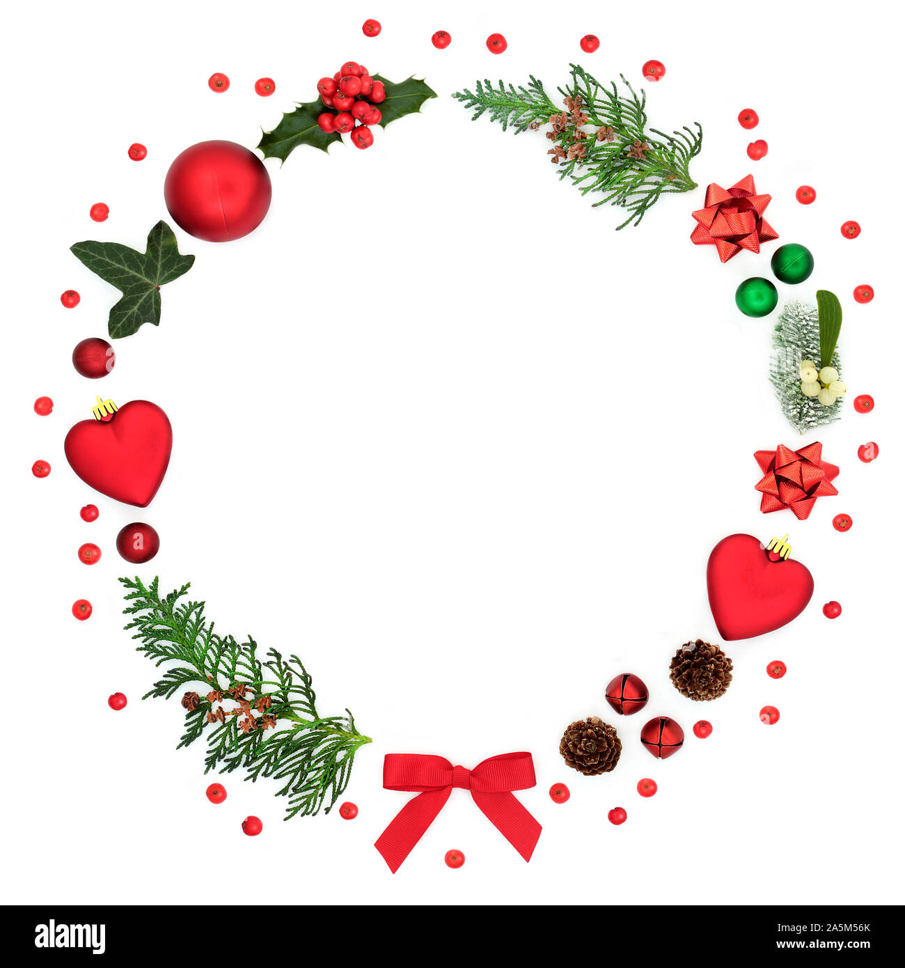 Christmas wreath abstract decoration with loose holly berries, baubles ...
