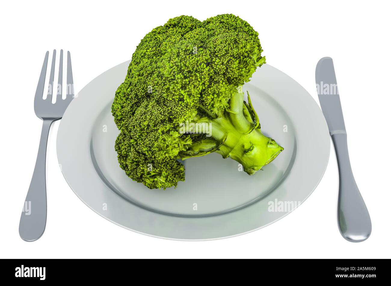 Fresh broccoli cabbage on plate with fork and knife, 3D rendering ...