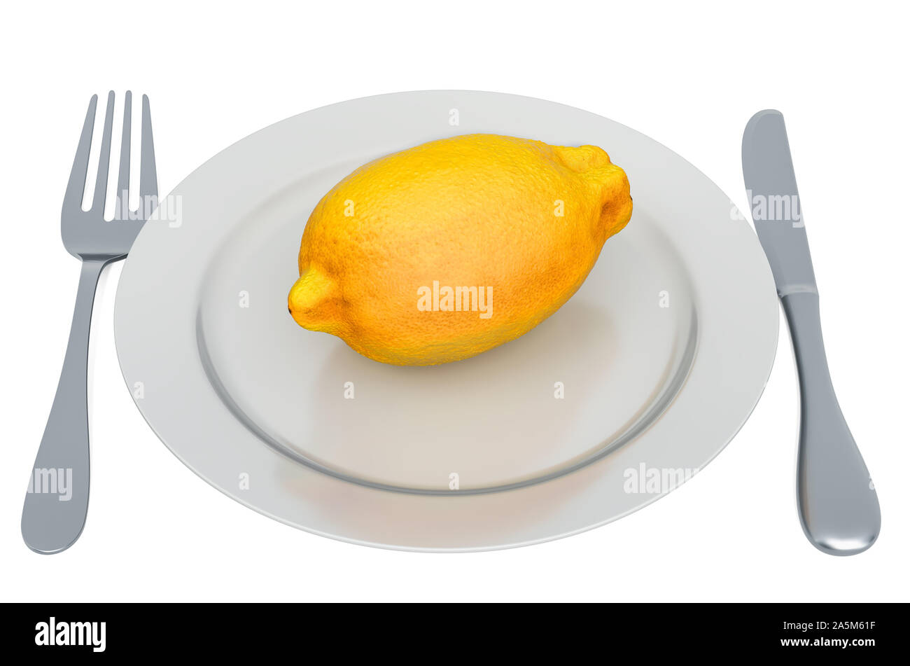 Lemon on plate with fork and knife, 3D rendering isolated on white ...