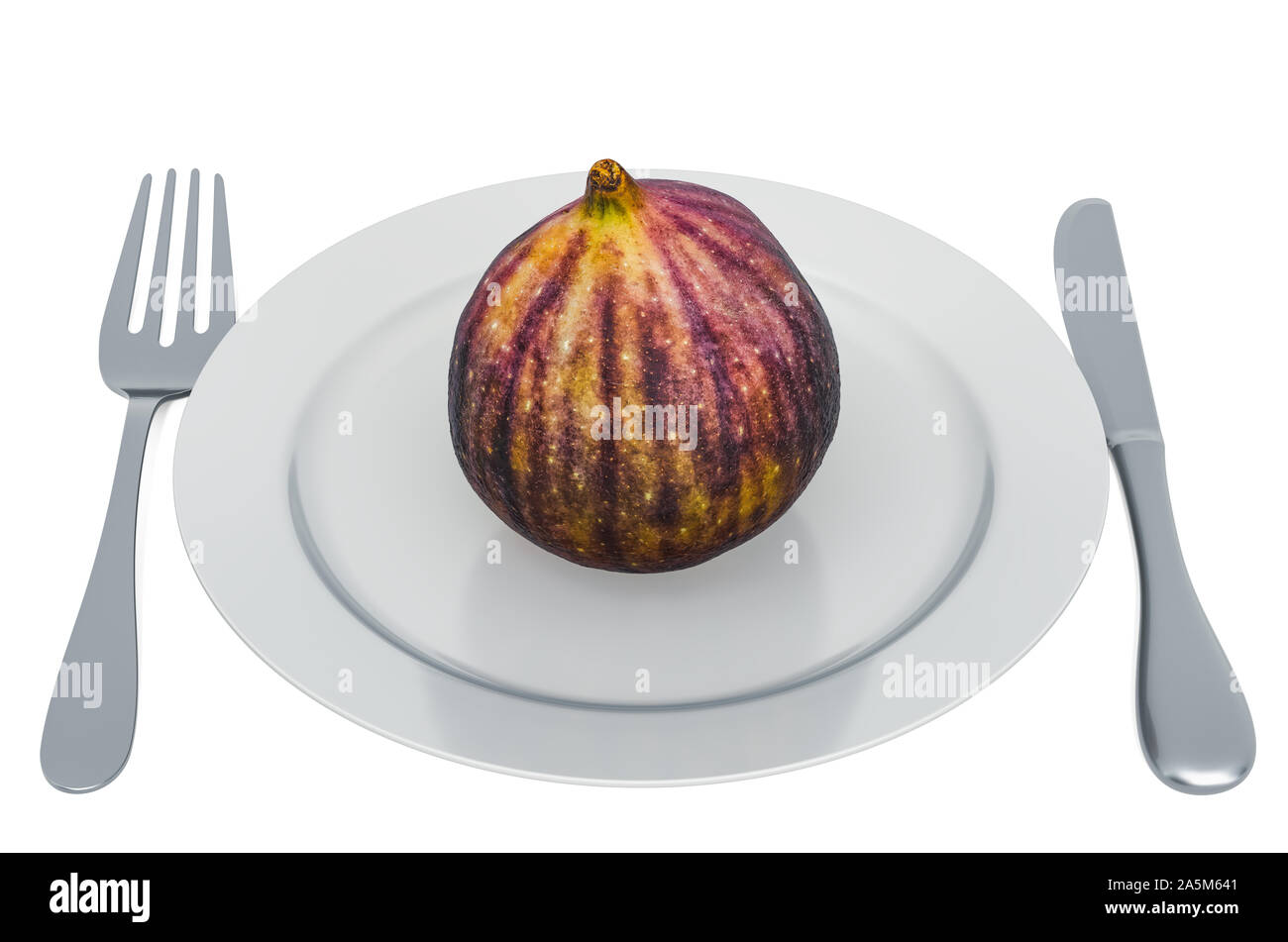 Common fig on plate with fork and knife, 3D rendering isolated on white ...