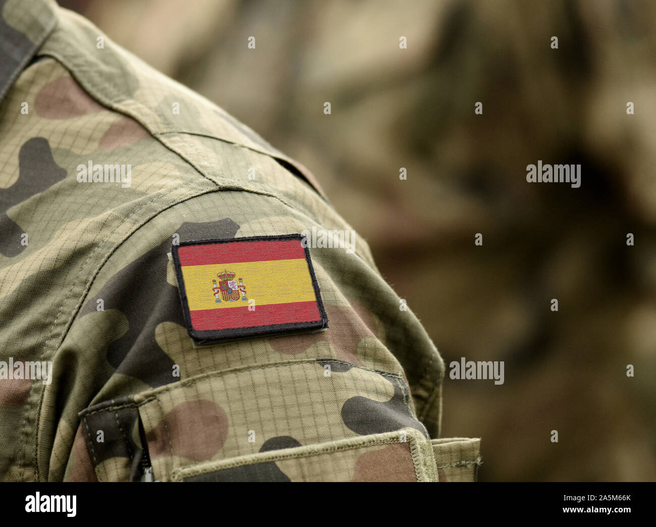 Flag of Spain on military uniform. Army, troops, soldier (collage Stock ...