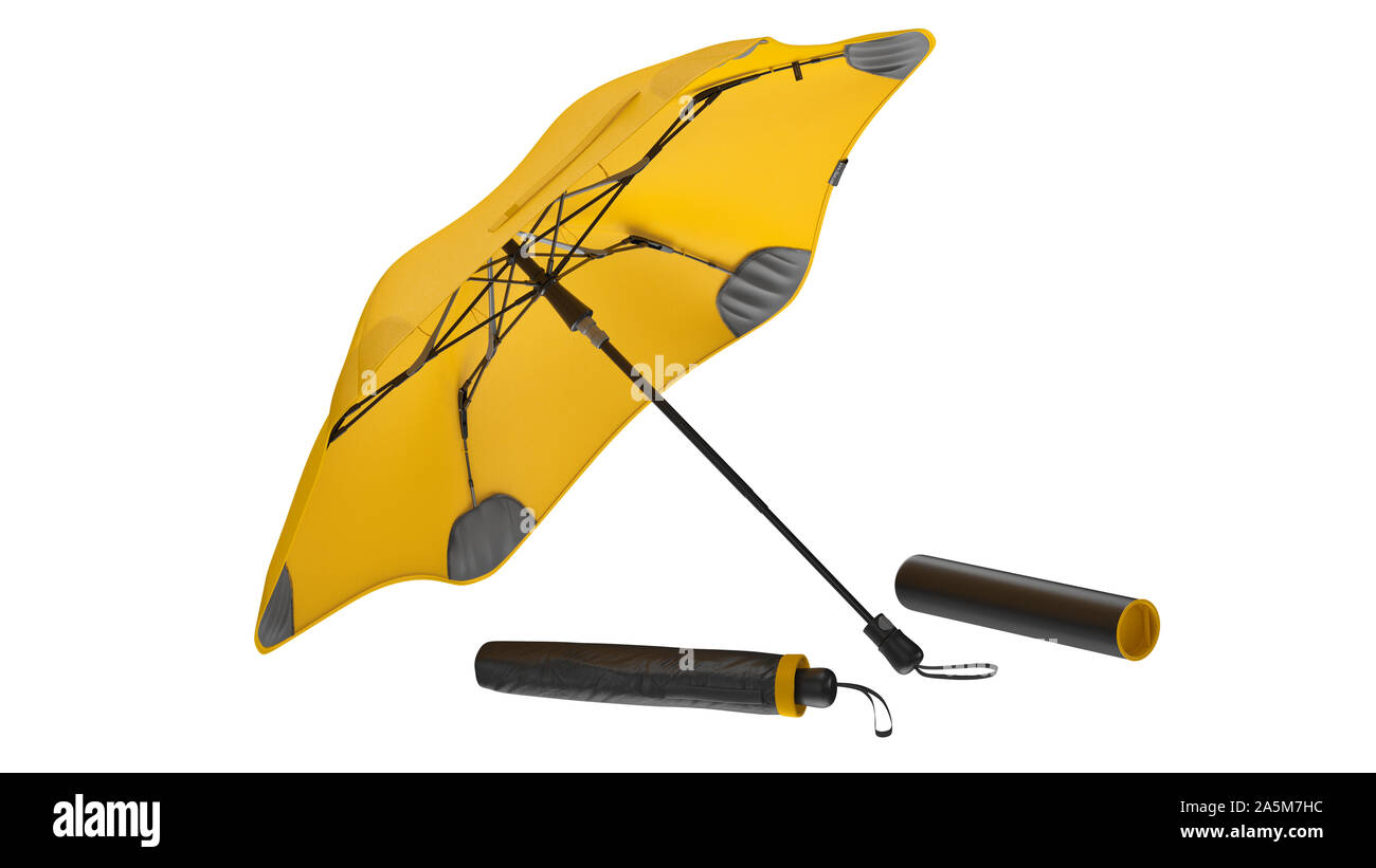 Umbrella parasol open yellow and closed. 3D rendering Stock Photo - Alamy
