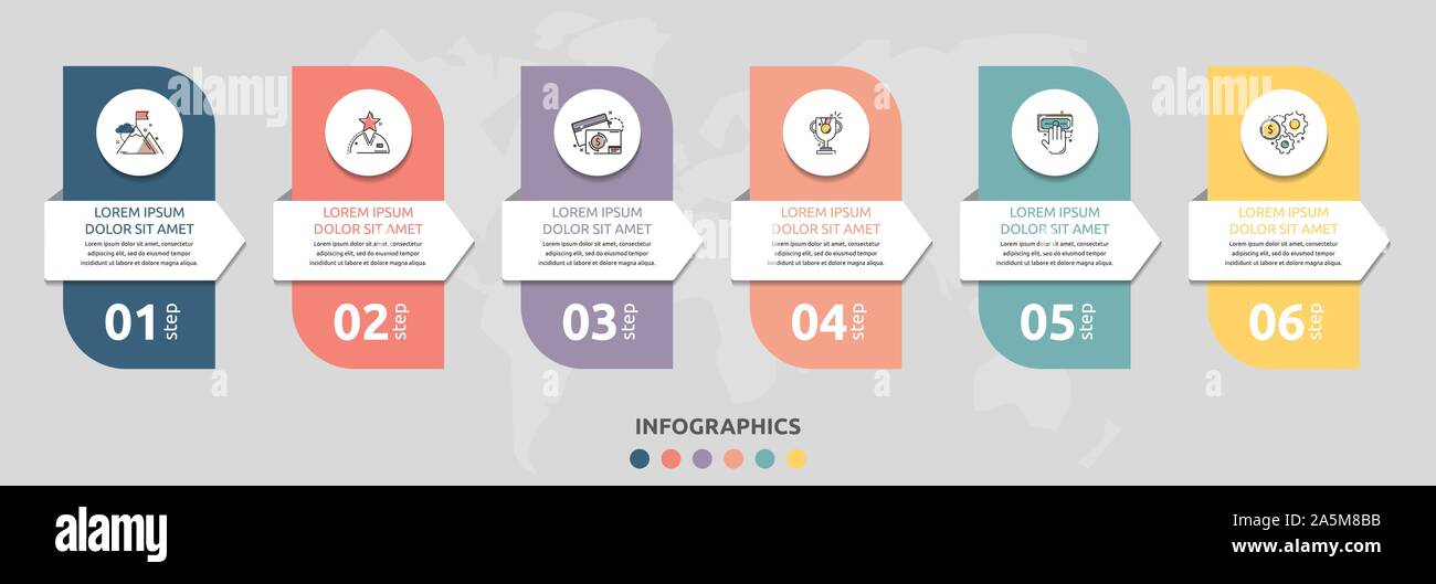 Vector infographic flat template rectangle and arrow for six diagrams ...