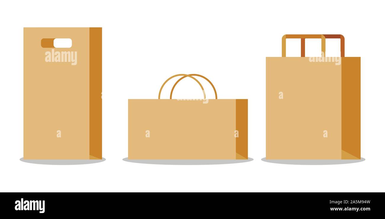Set of empty kraft brown paper bag with handles. Flat cartoon style ...