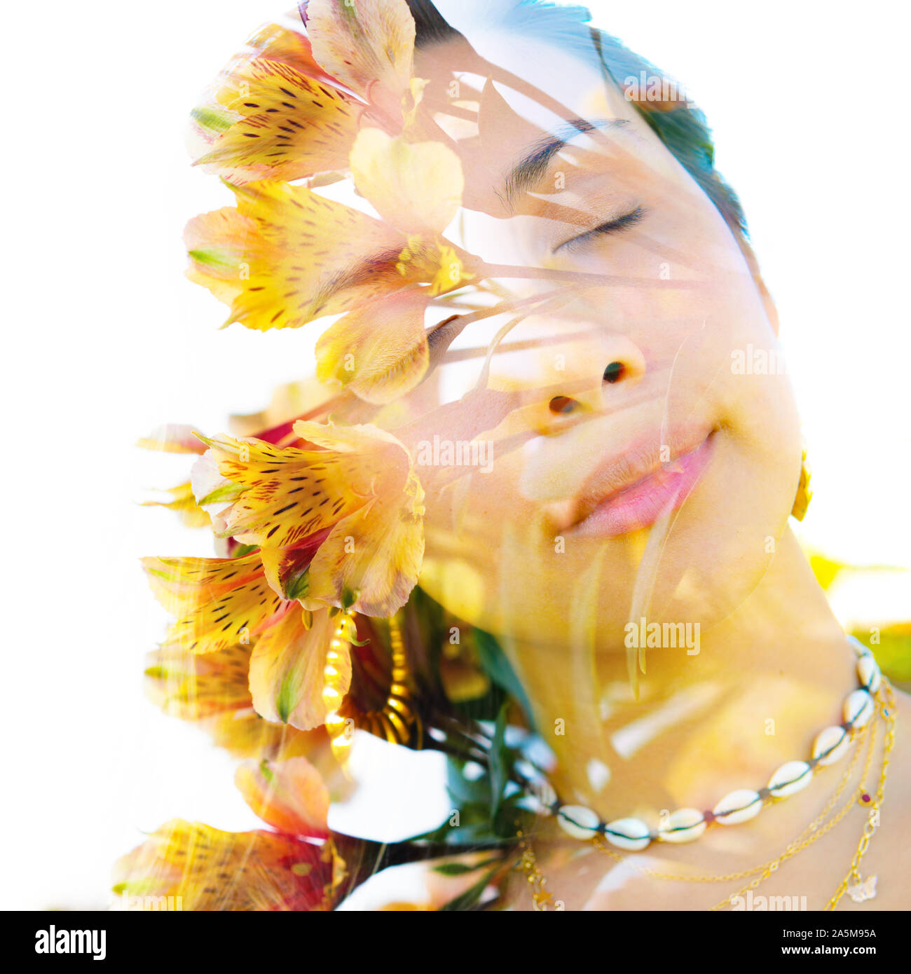Double exposure close up portrait of a young pretty woman interwoven ...