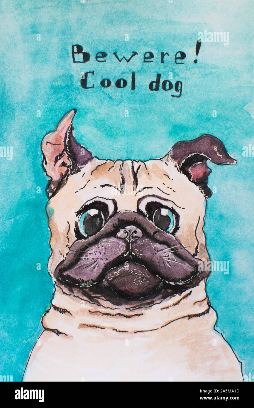 Portrait of cool Pug dog. Watercolor sketch, illustration Stock Photo ...