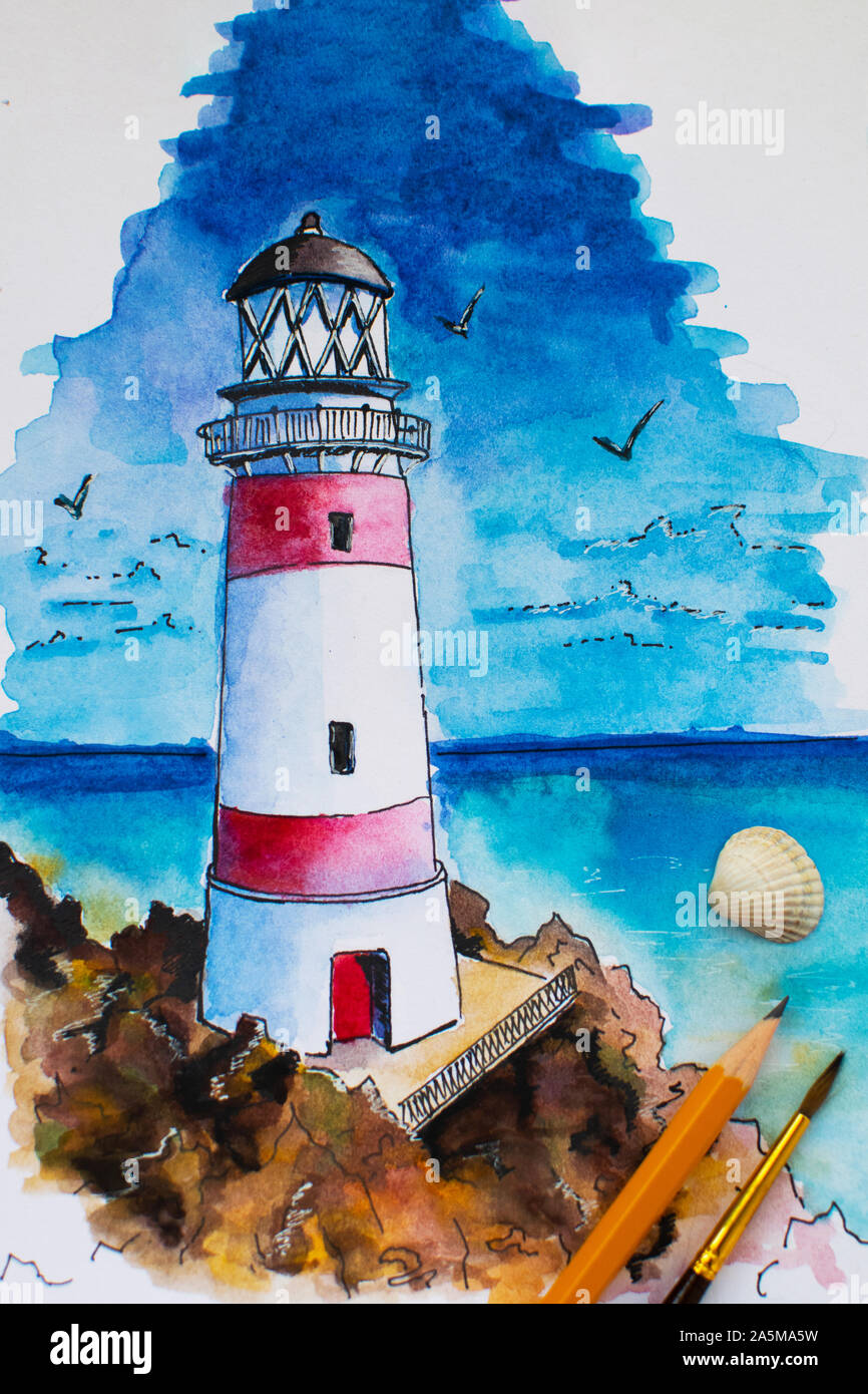 Lighthouse on coast of sea. Hand drawn beacon. Sketch. Illustration ...