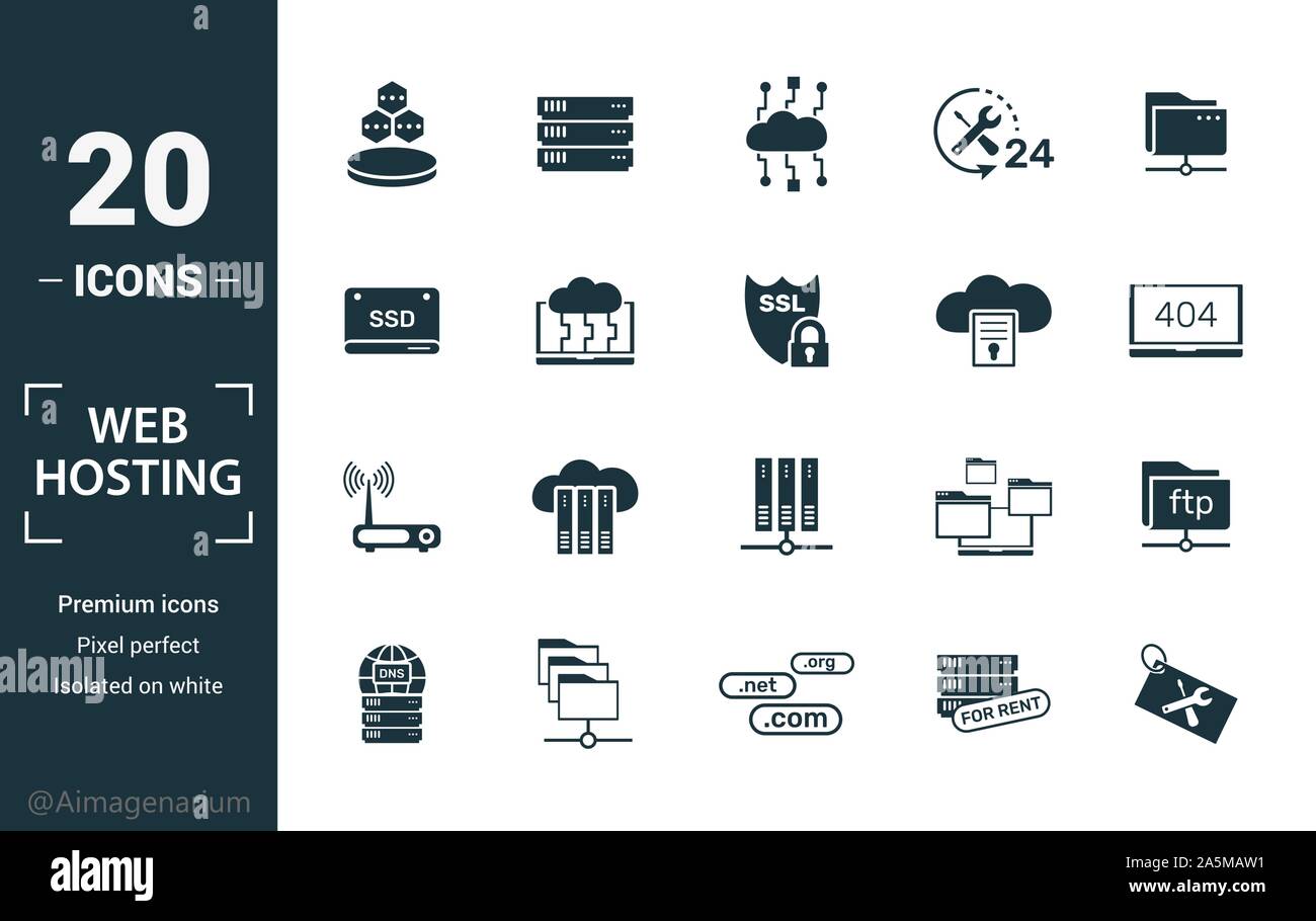 Web Hosting icon set. Include creative elements data structure, cloud technology, ssd, file ...