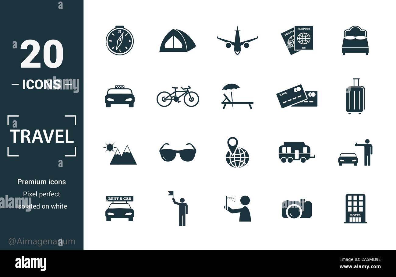 Travel icon set. Include creative elements compass, aircraft, taxi ...