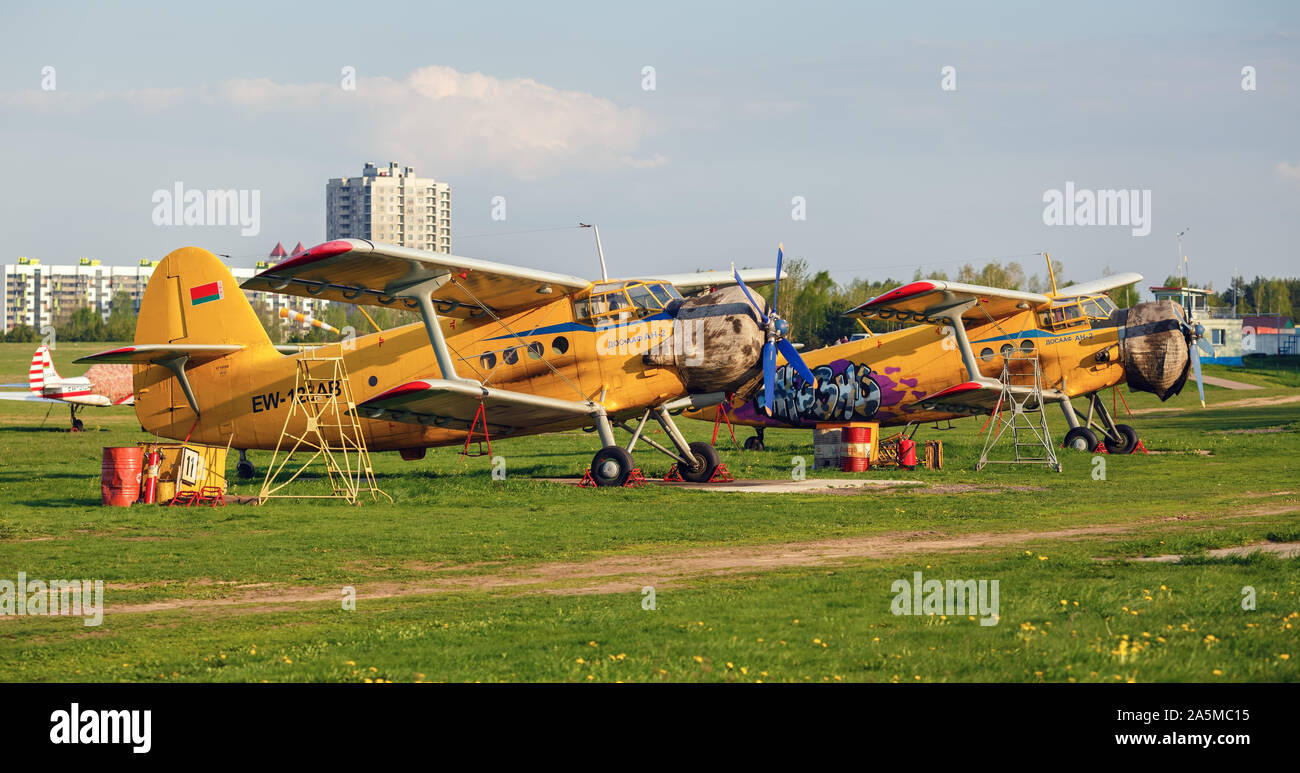 MINSK, BELARUS - MAY 07, 2016: Two airplanes An-2. An-2 is a Soviet ...
