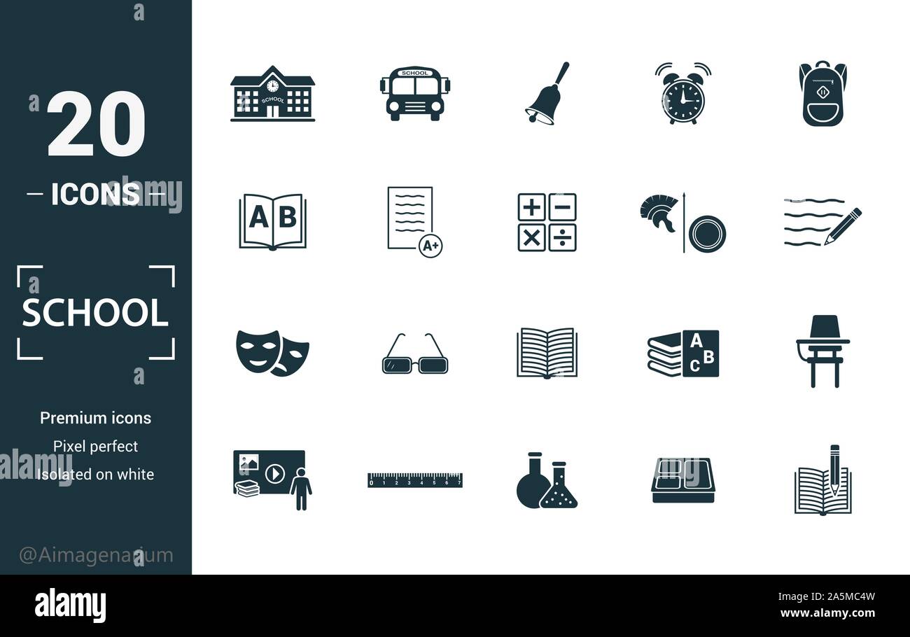 School icon set. Include creative elements school, bell, alphabet ...