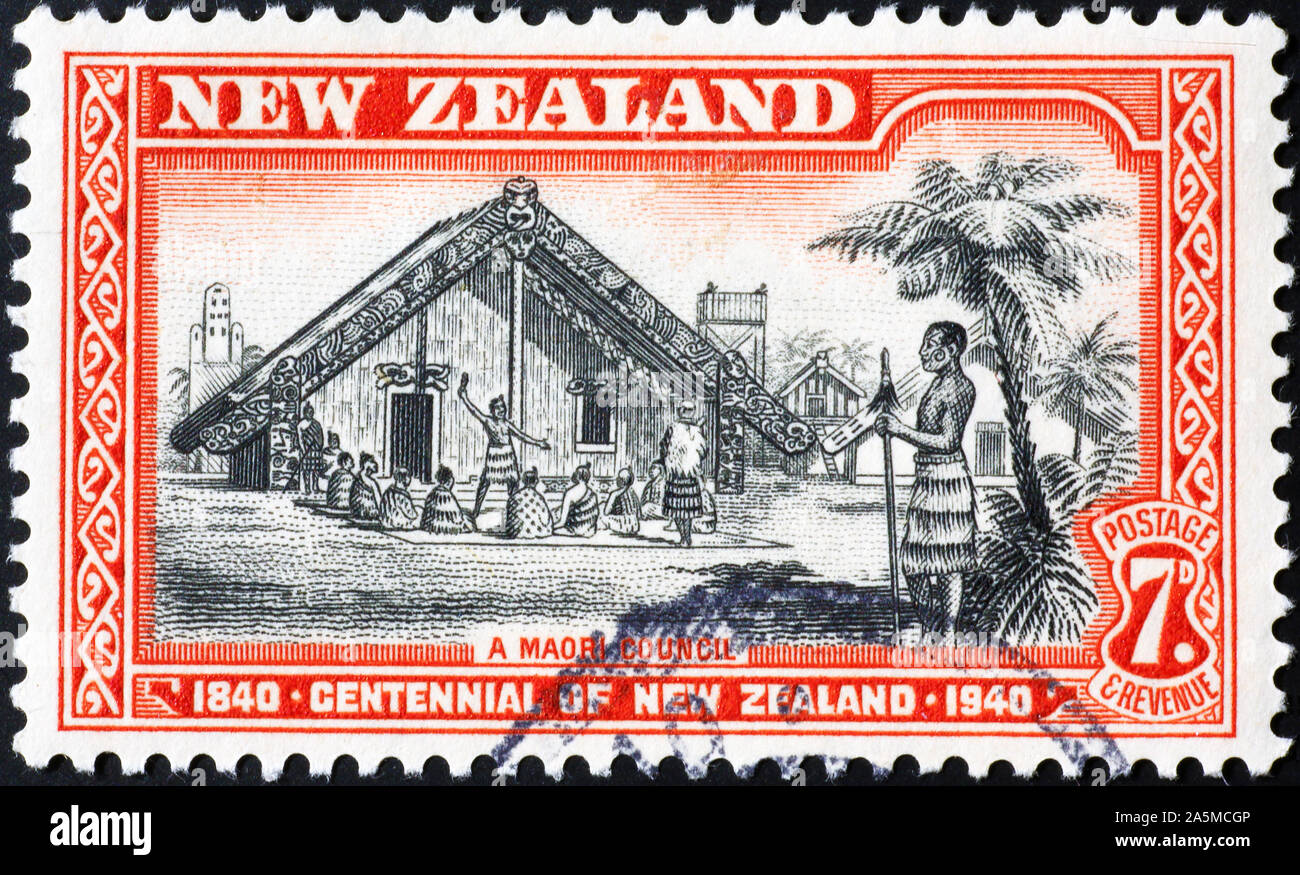 Traditional maori council on New Zealand postage stamp Stock Photo - Alamy