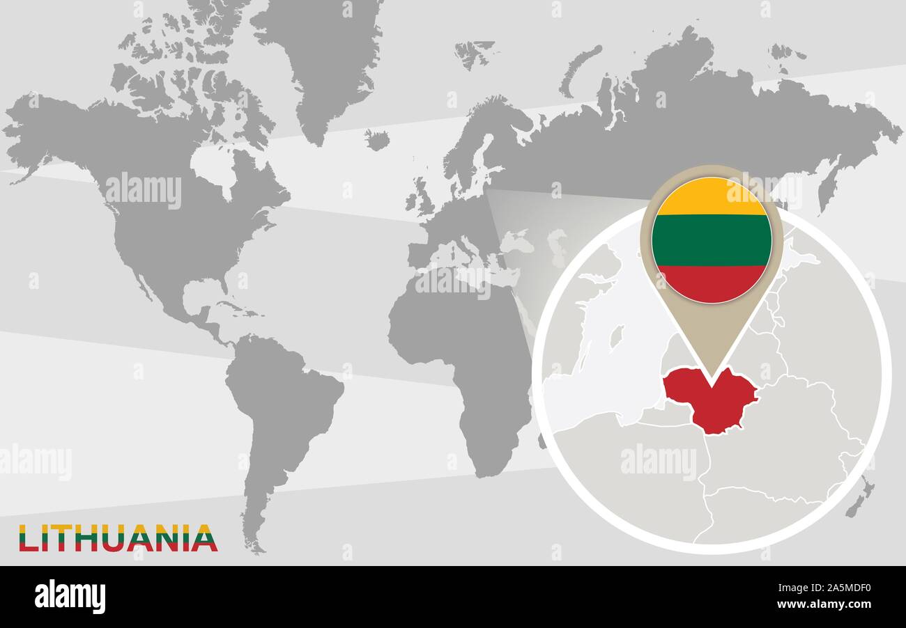 World map with magnified Lithuania. Lithuania flag and map Stock Vector ...
