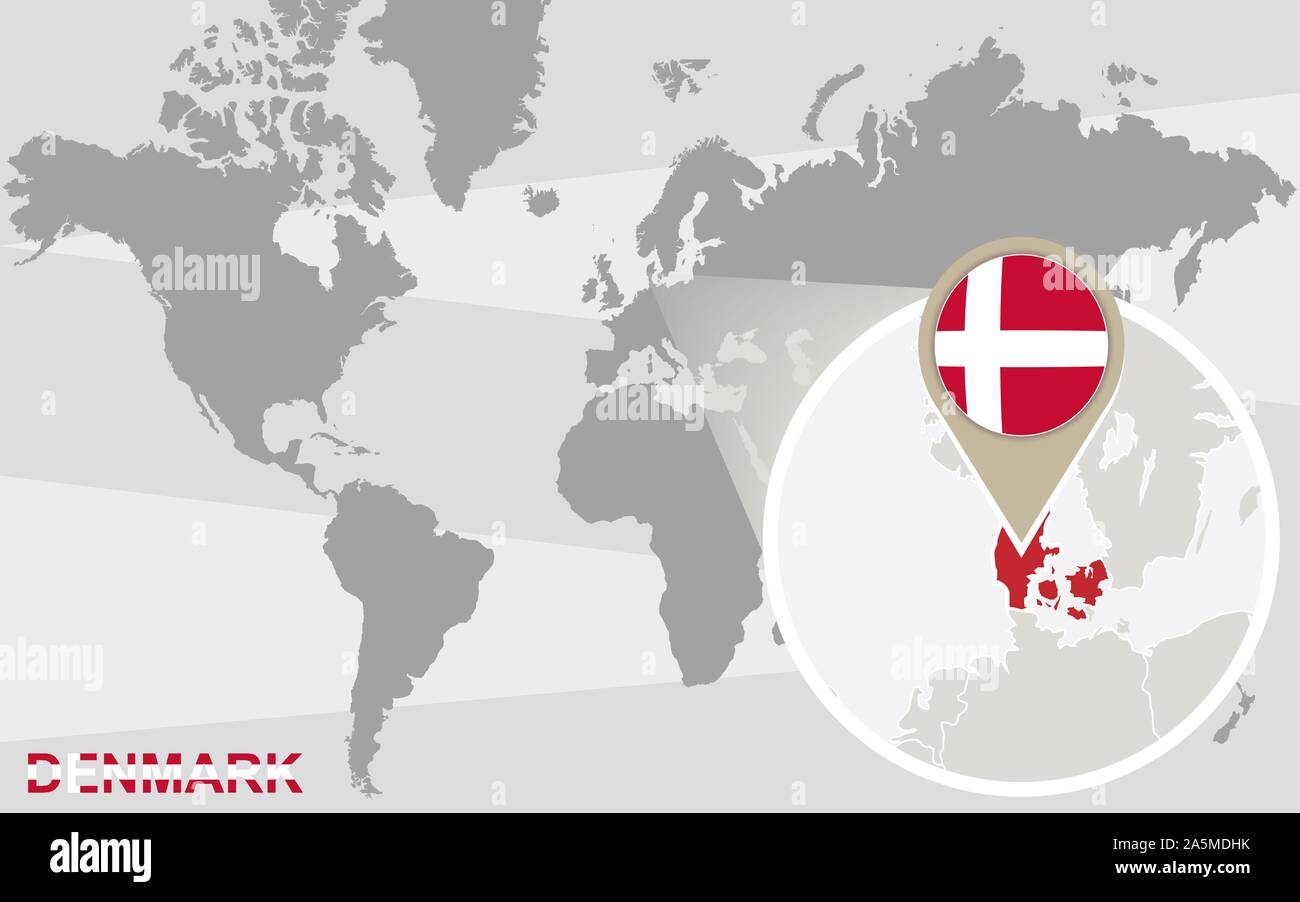 World map with magnified Denmark. Denmark flag and map Stock Vector ...
