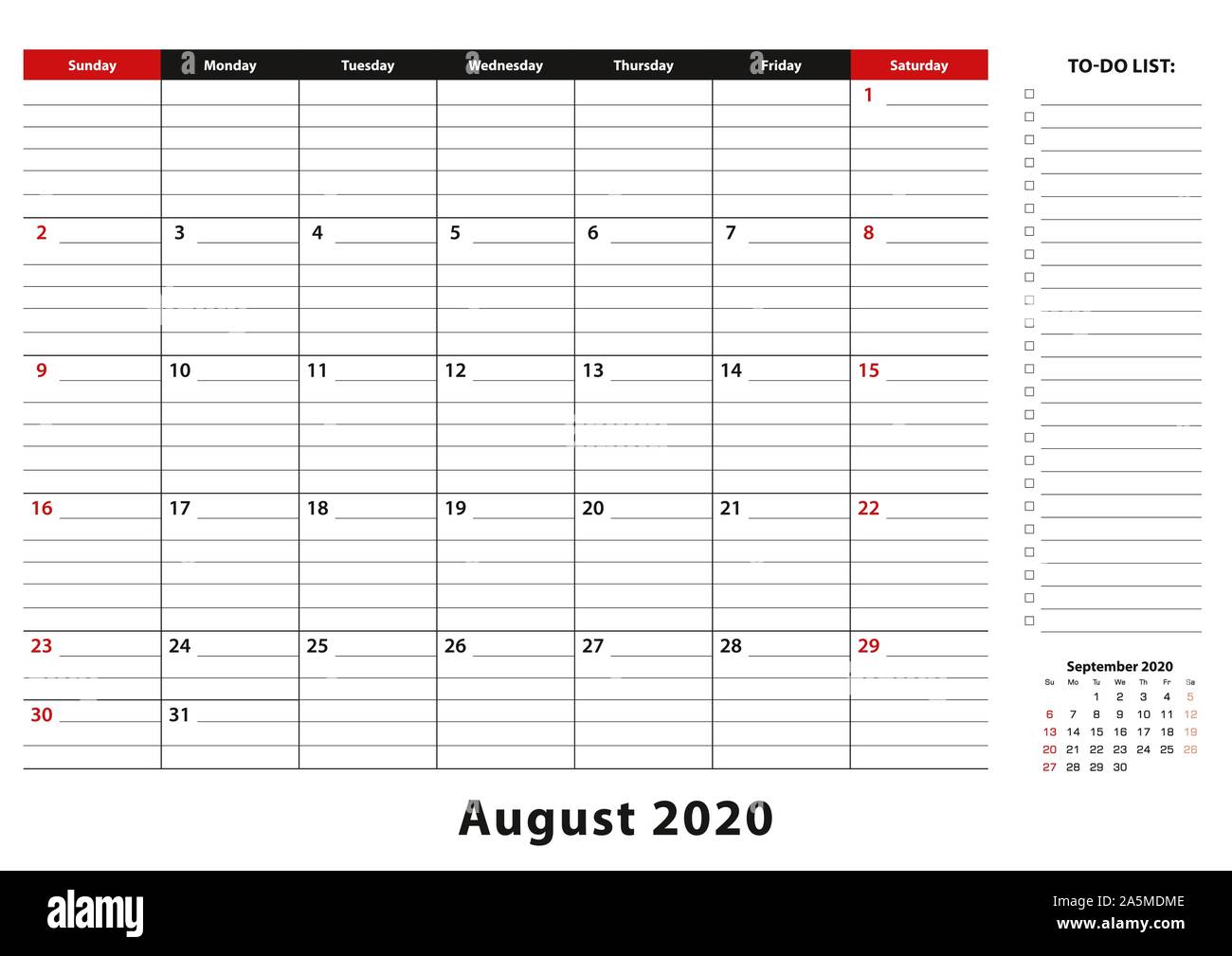 August 2020 Monthly Desk Pad Calendar week starts from sunday, size A3 ...
