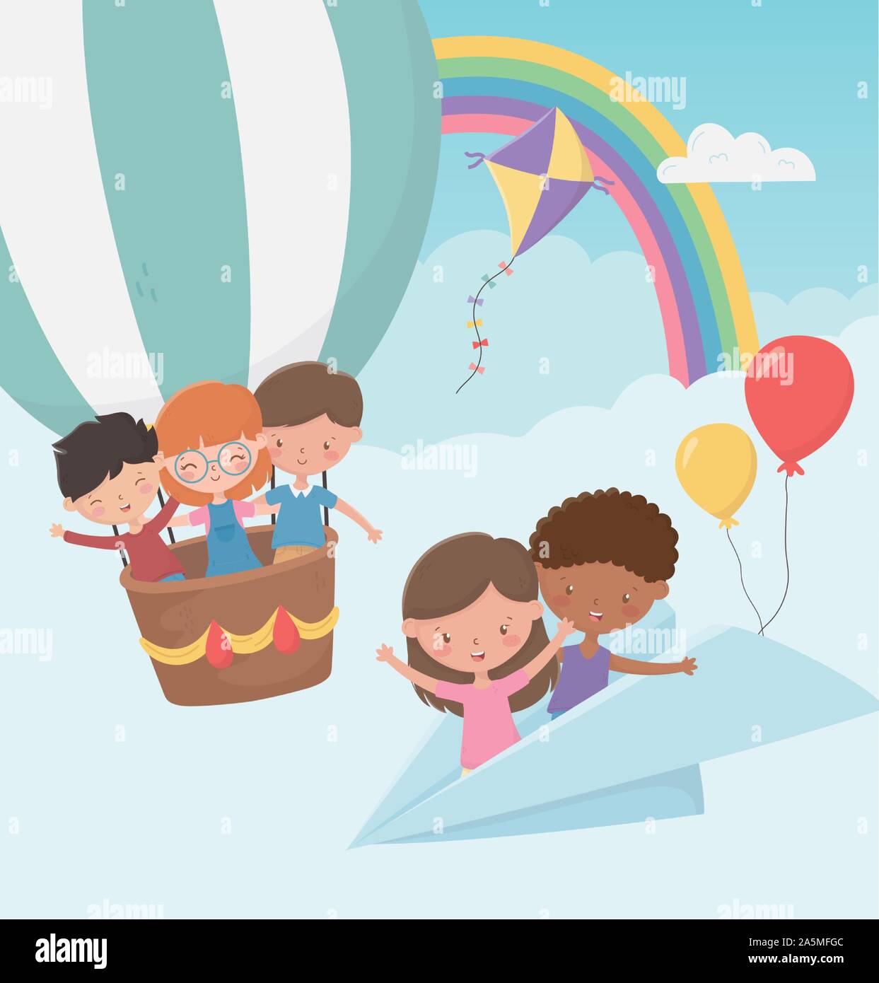 happy childrens day, kids flying with paper plane and hot air balloon ...