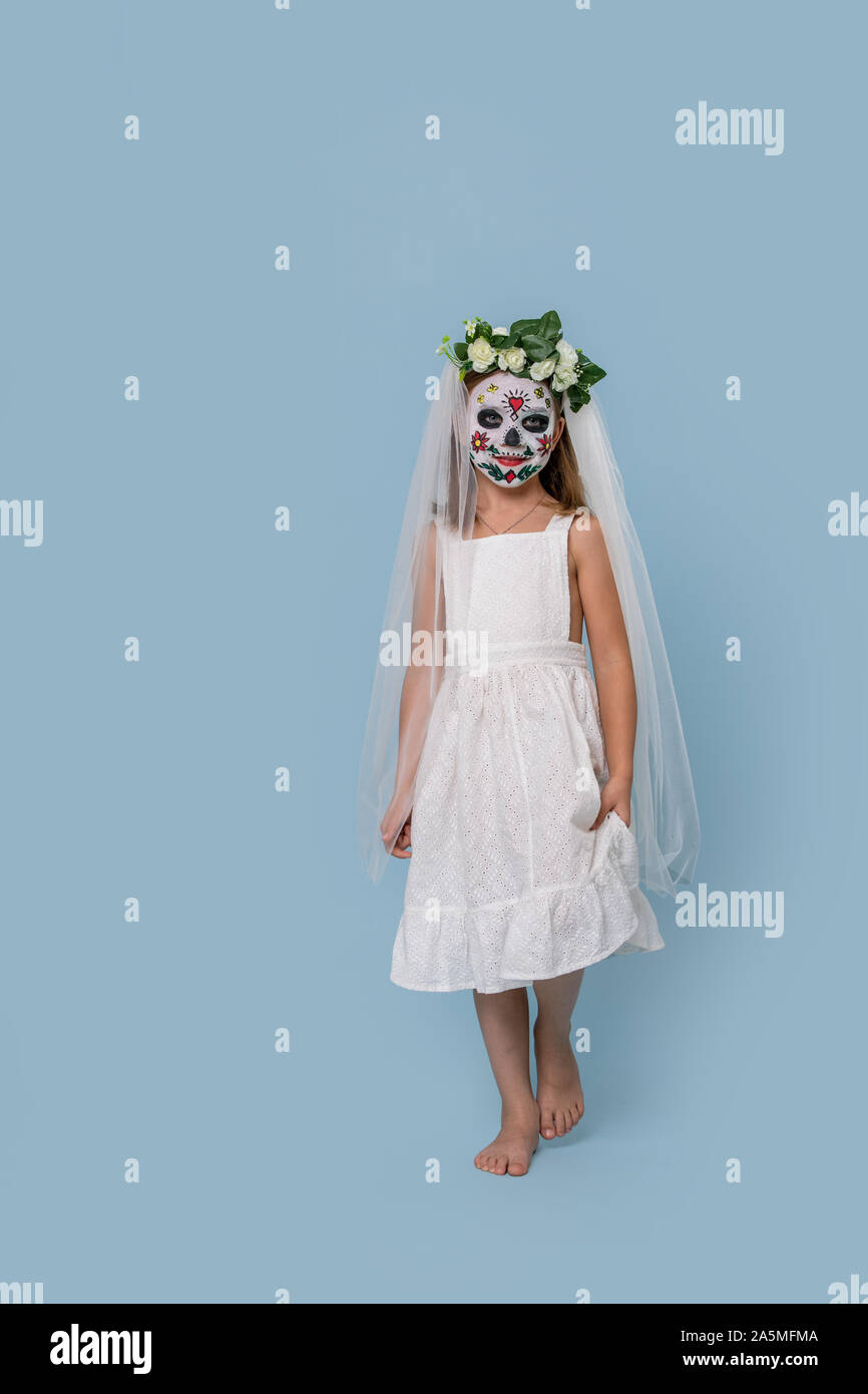 full-length portrait of a girl in a studio in the costume of a dead ...