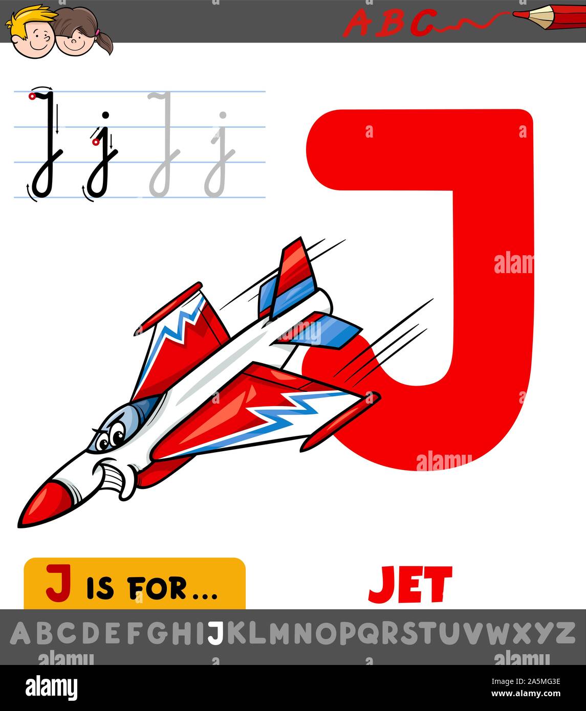Educational Cartoon Illustration of Letter J from Alphabet with Jet for Children Stock Vector ...