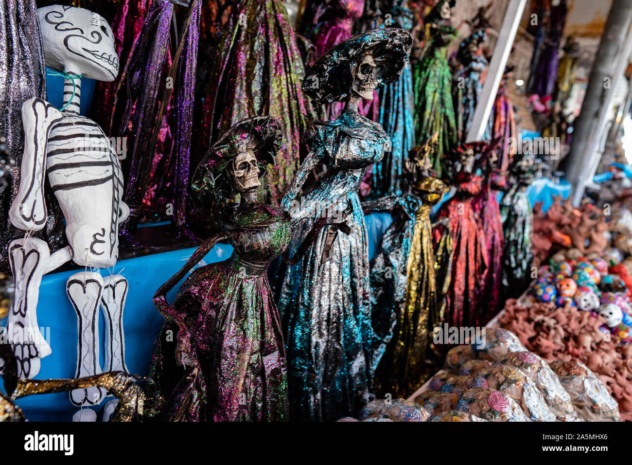 Mexico City, Mexico. 14th Oct, 2019. Day of the dead figurines are ...