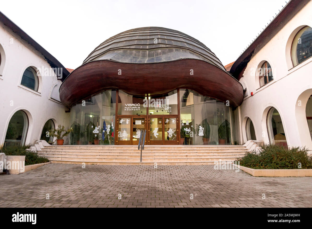 Entrance to Vigado Culture House with stairs and glass doors, Szigetvar ...